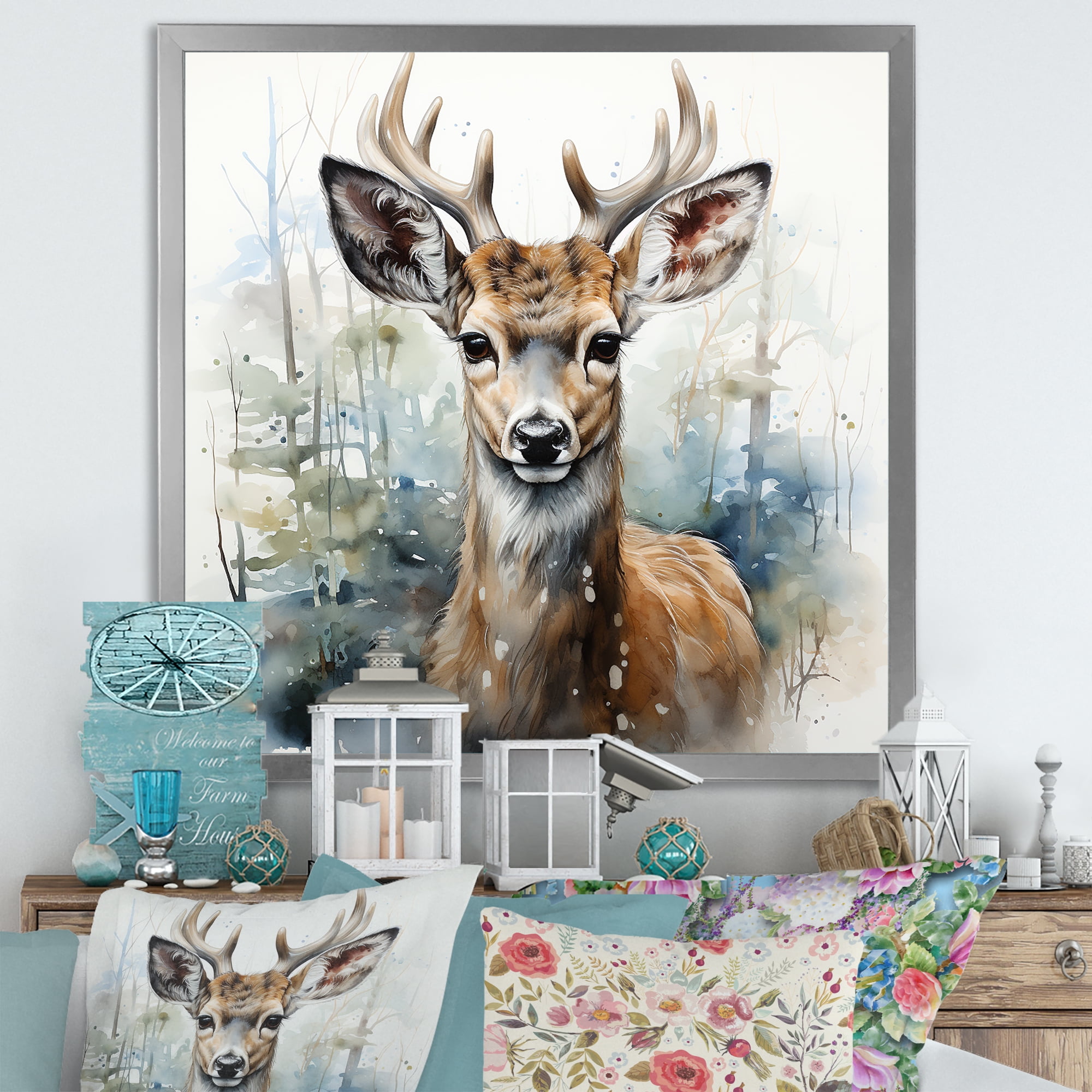 Designart "Wilderness Deer Portrait I" Animals Framed Wall Art Decor ...