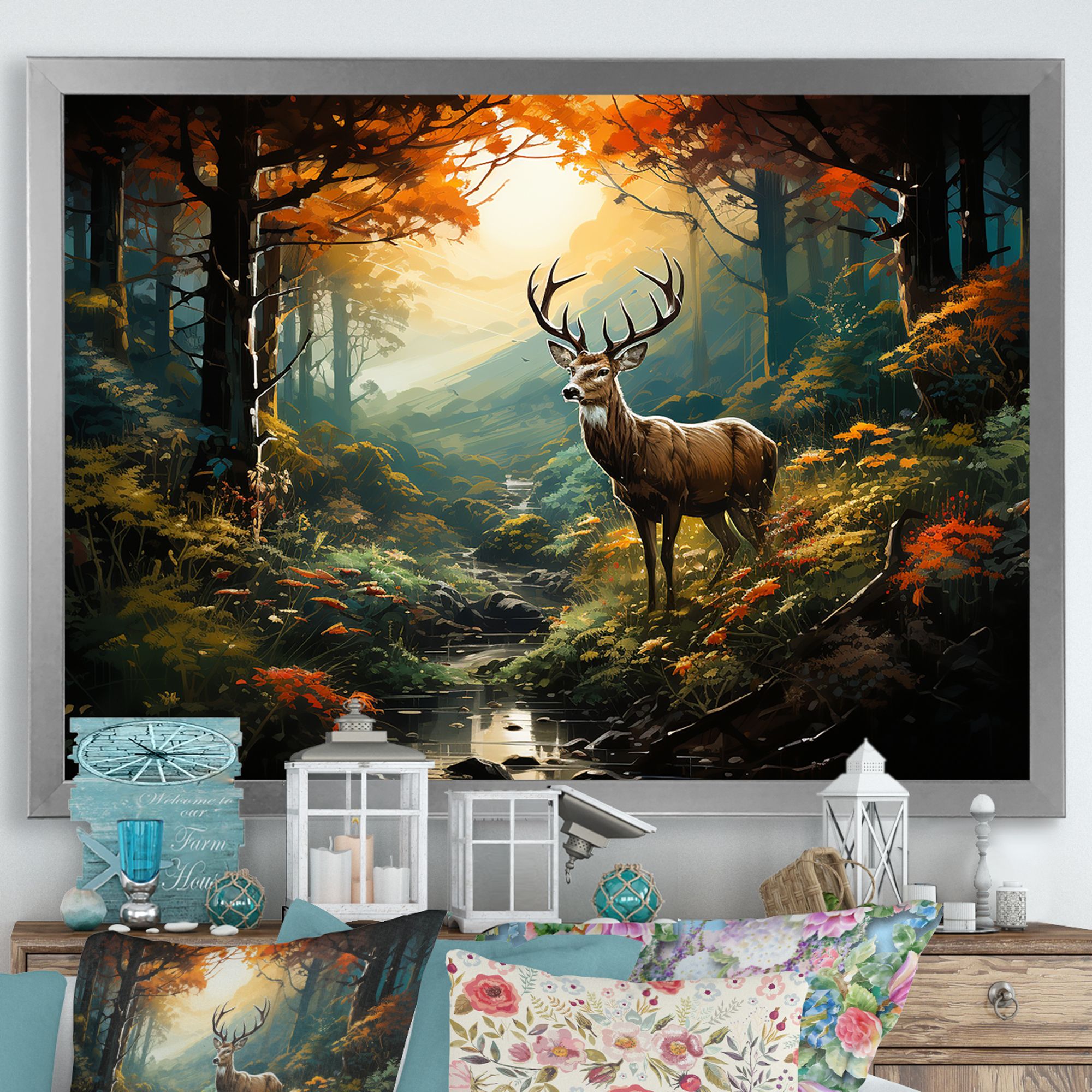 Designart "Wilderness Encounter Deer in Green and Brown" Animals Framed ...