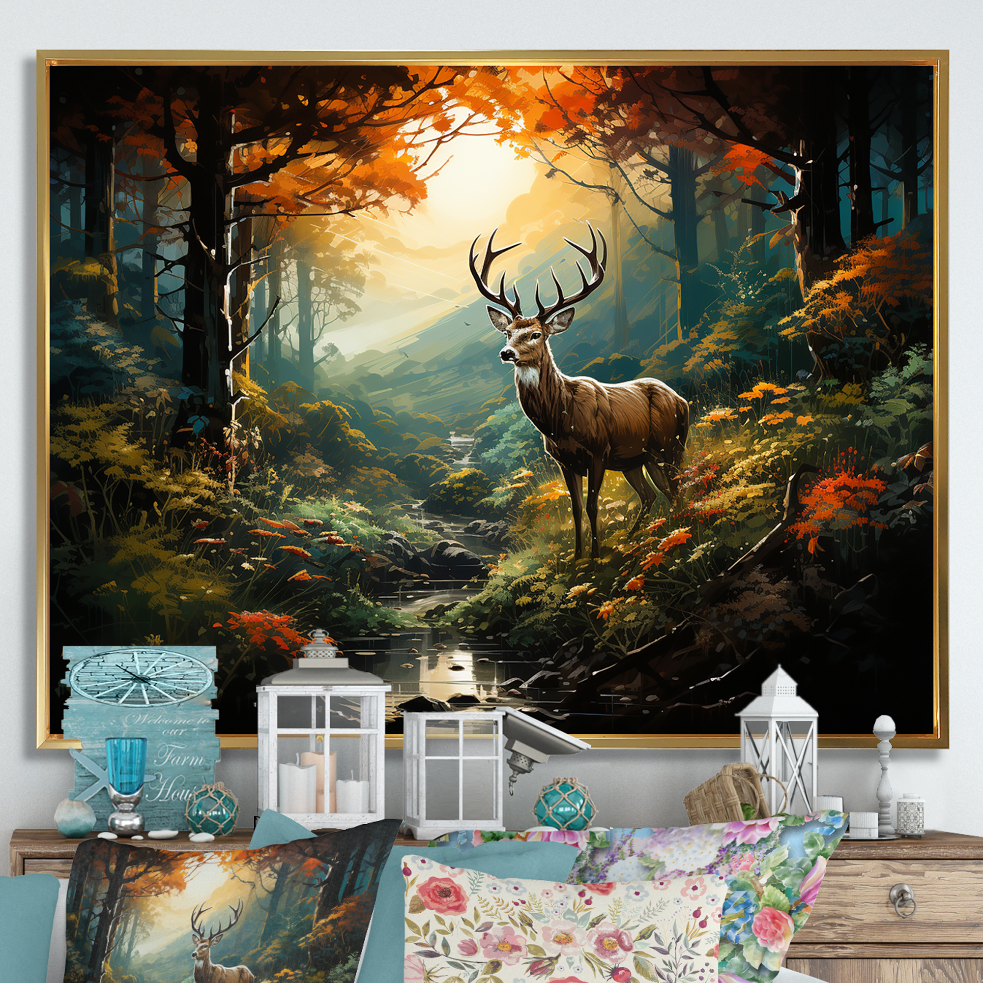 Designart "Wilderness Encounter Deer in Green and Brown" Animals Framed ...