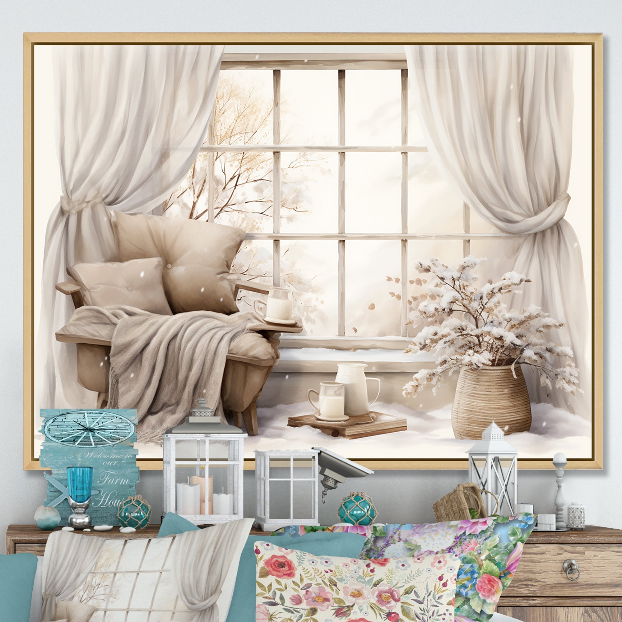 Designart "Windowscape of Snowy Farm House" Farm Framed Wall Art ...