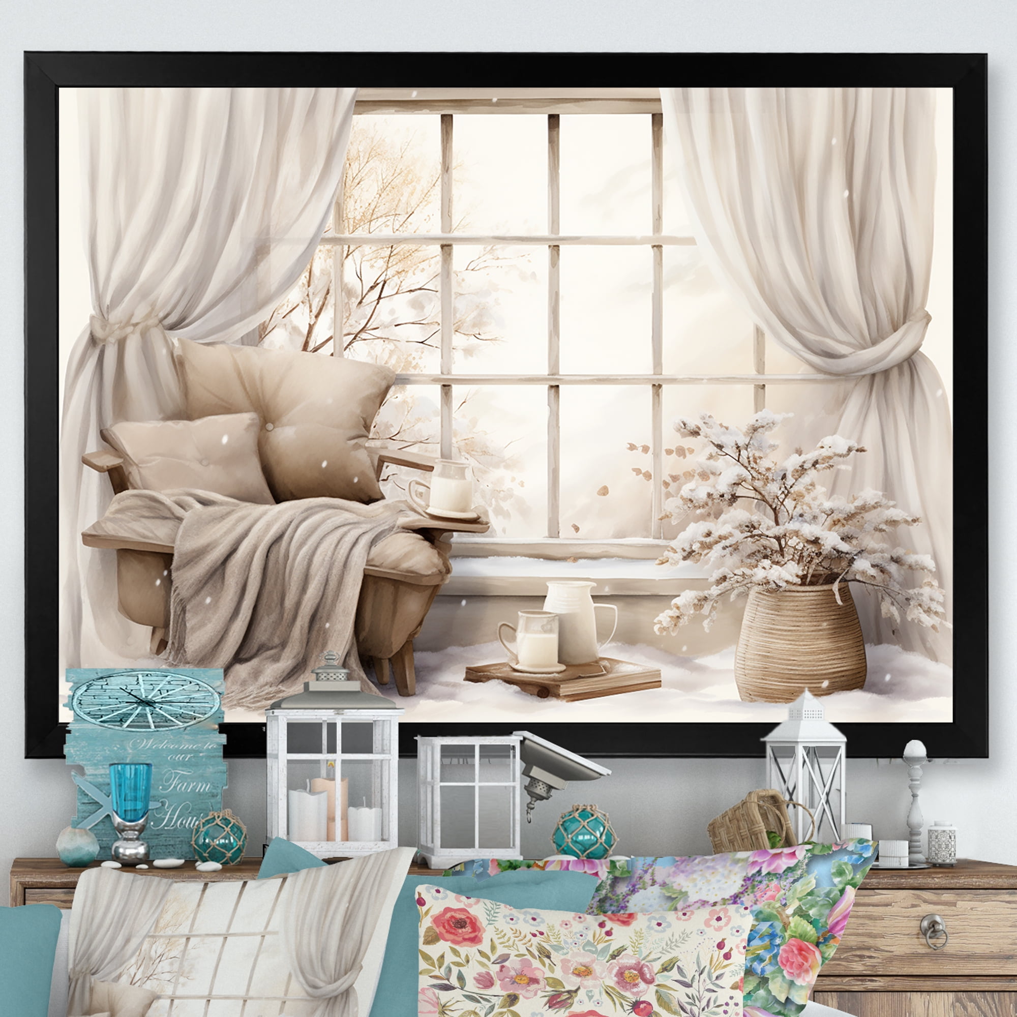 Designart "Windowscape of Snowy Farm House" Farm Framed Wall Art Decor - Country Beige Farm ...