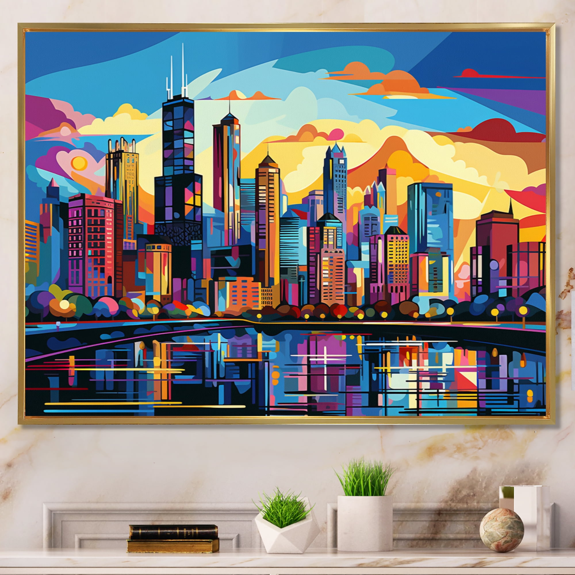 Designart "Windy City Pop Art II" Chicago Floater Framed Canvas Art ...