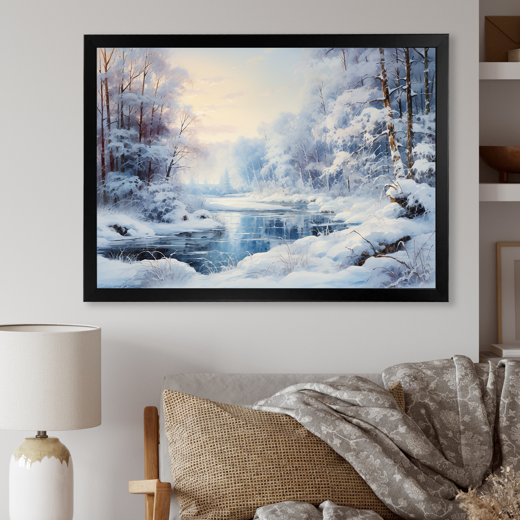 Designart "Winter River View from Window II" Landscapes Framed Wall Art ...