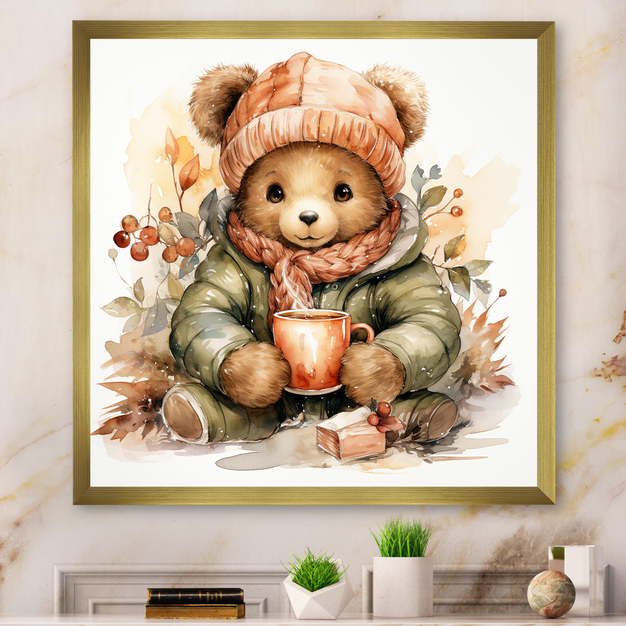 Designart "Winter Teddy Bear Cocoa Cozy III" People Framed Wall Art ...