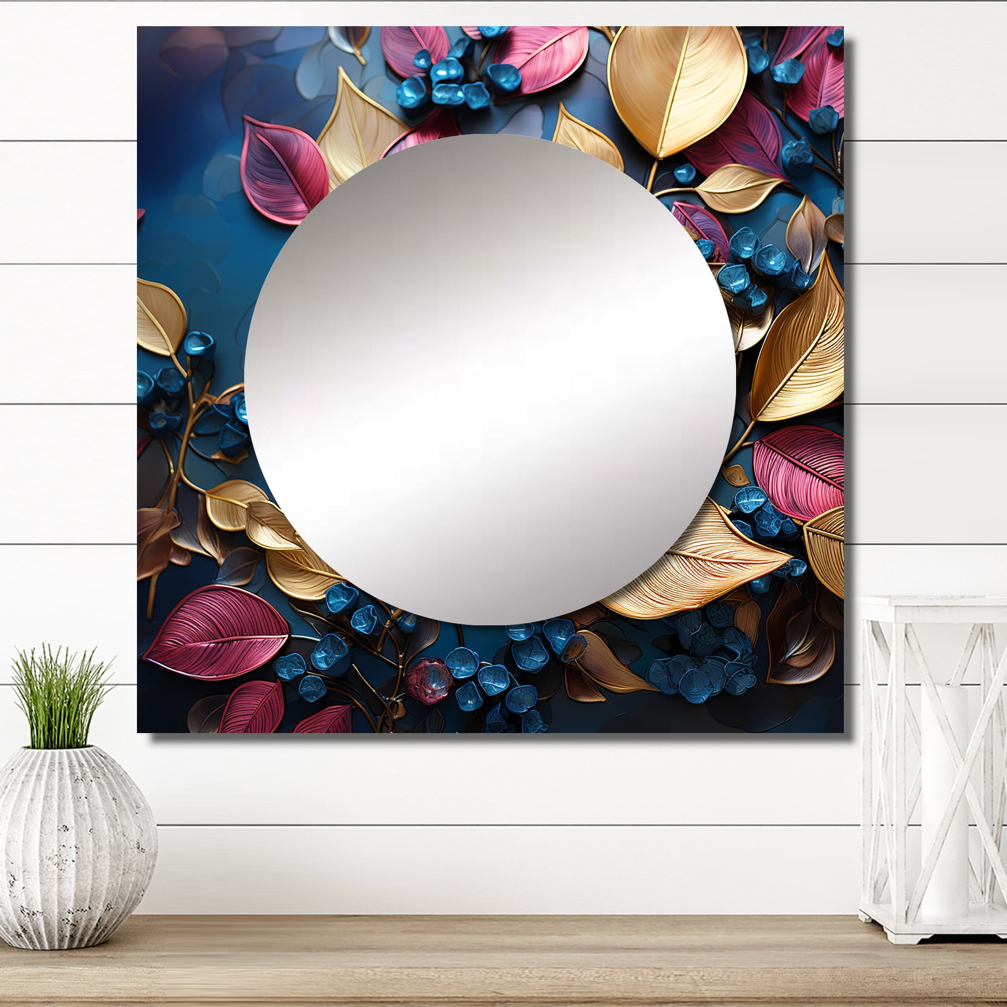 Designart "Winter's Charm in Gold and Blue Leaves III" Leaves Square ...
