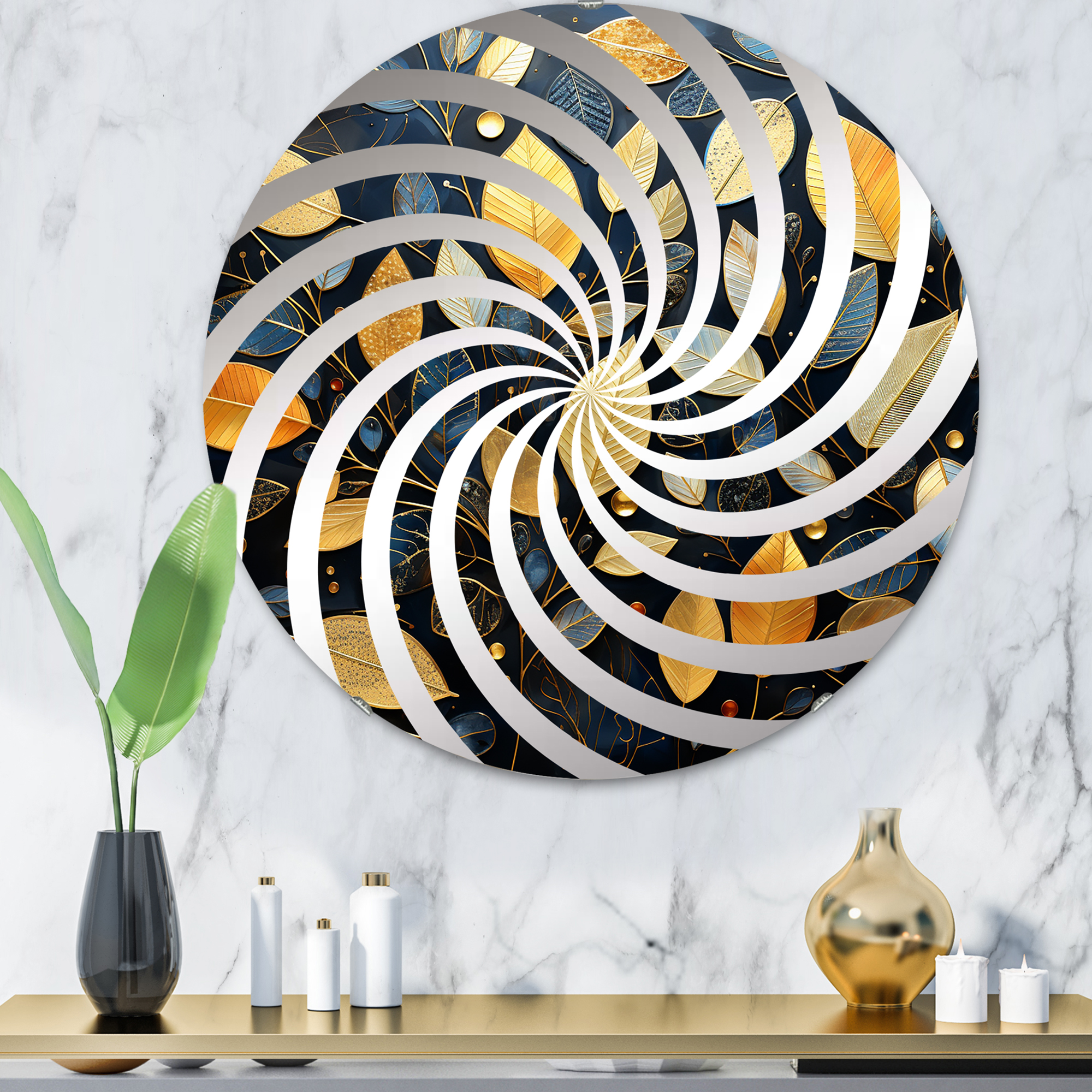 Designart "Wintery Charm of Black and Gold Leaves" Leaves Vortex Round ...