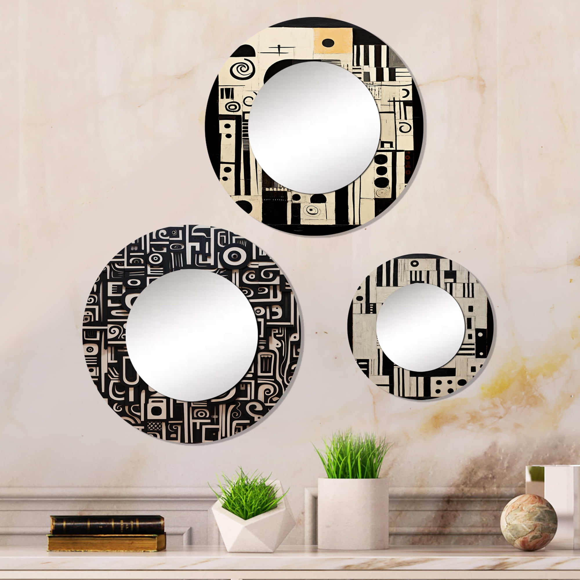 Designart "Wisdom in Urban Black and White III" Modern Round Mirror Set ...