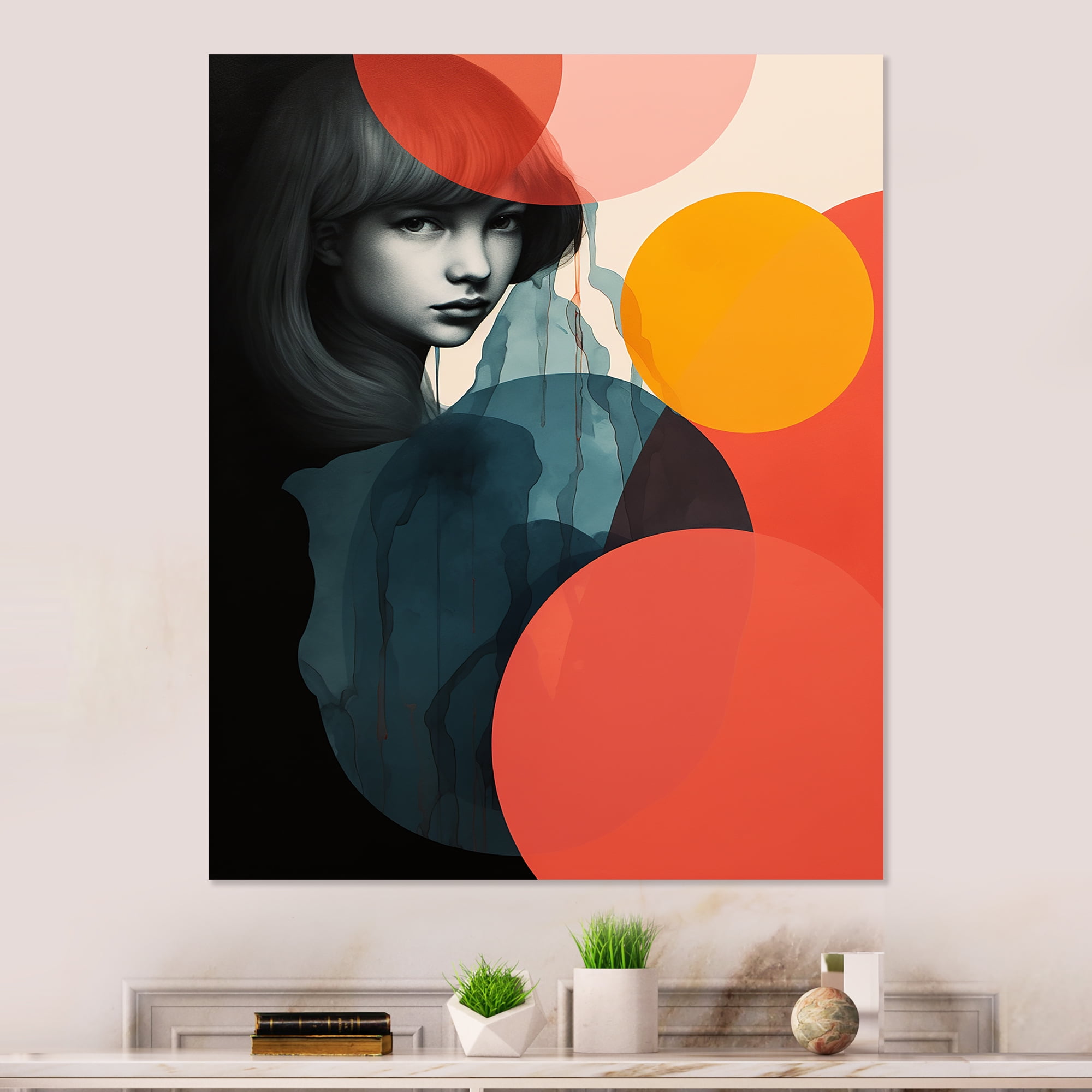 Designart "Woman Portait Collage Fusion forms II In Orange and Pink ...