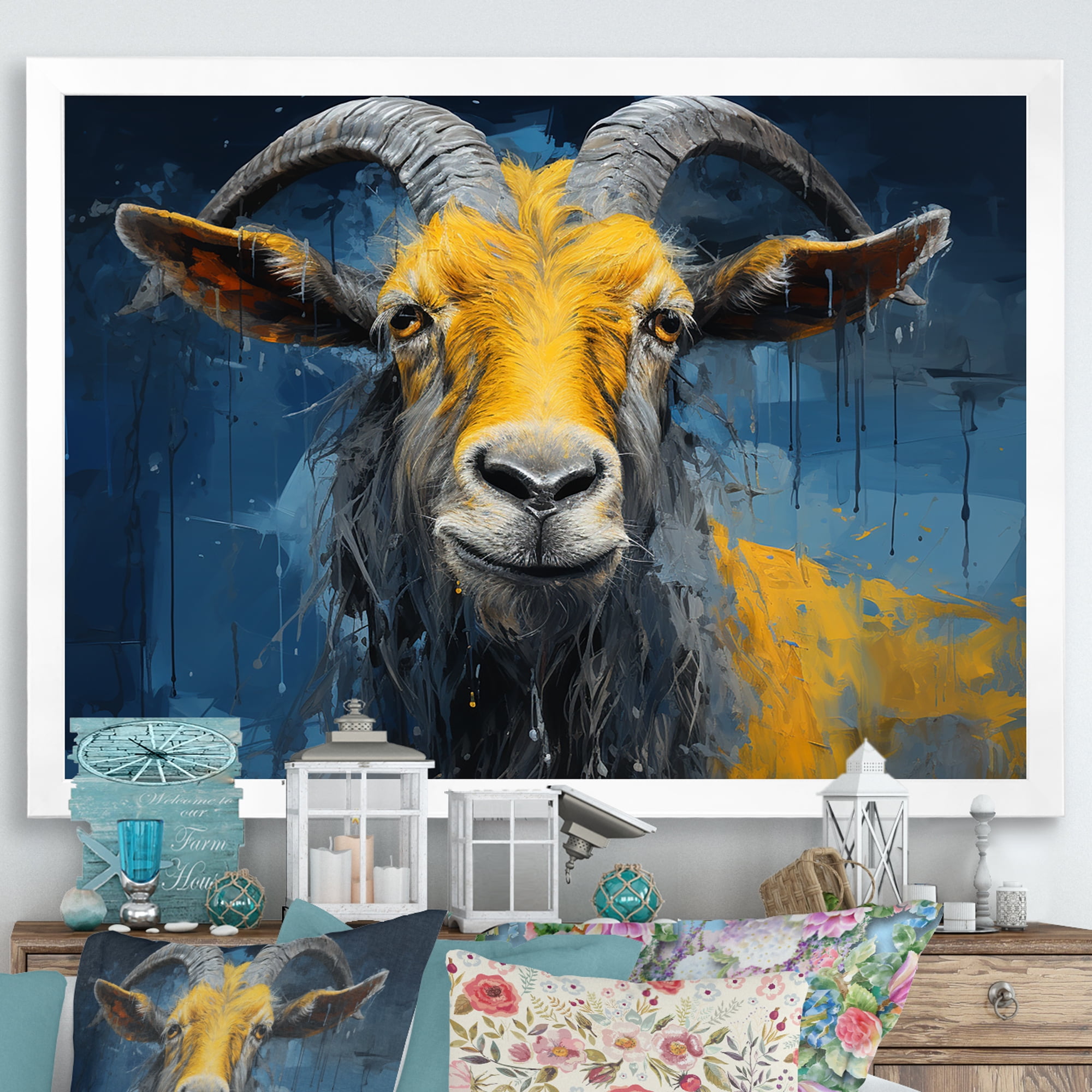 Designart "Wondering Portrait of Goat in Yellow and Blue Meadow II ...