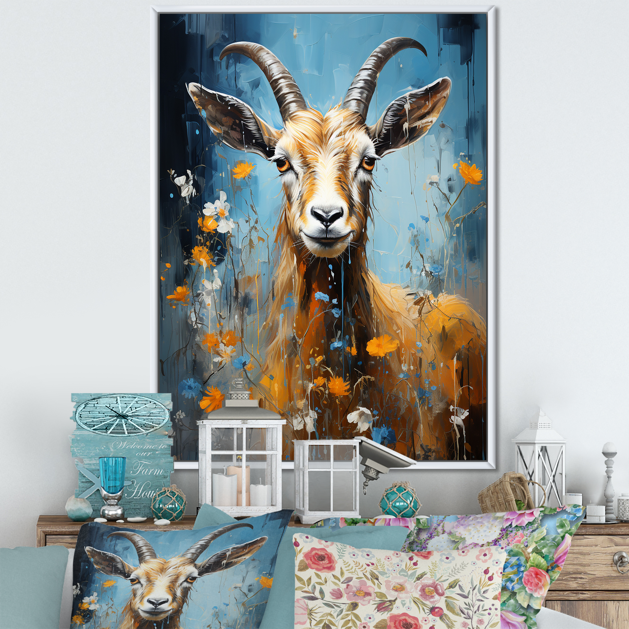 Designart "Wondering Portrait of Goat in Yellow and Blue Meadow I ...