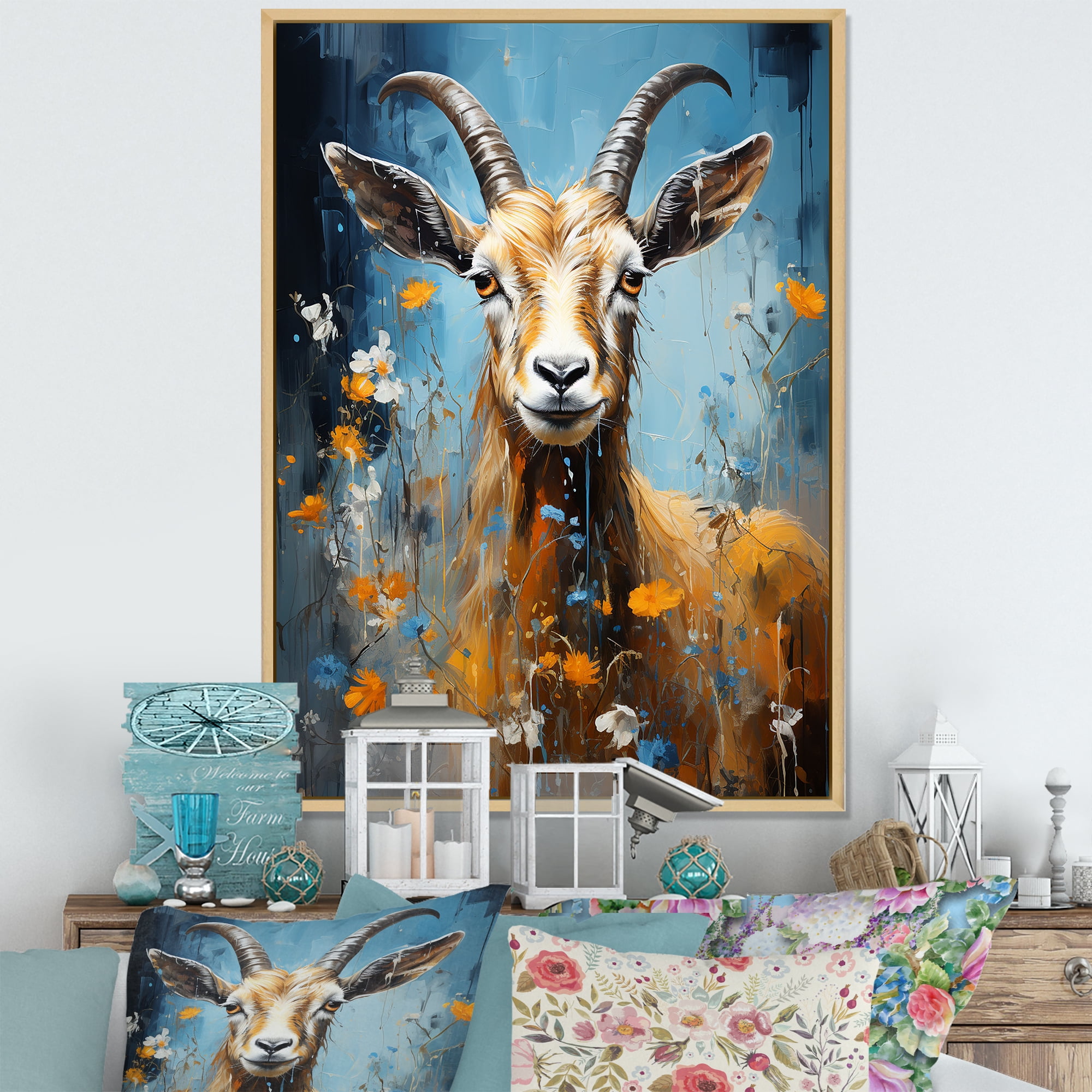 Designart "Wondering Portrait of Goat in Yellow and Blue Meadow I ...