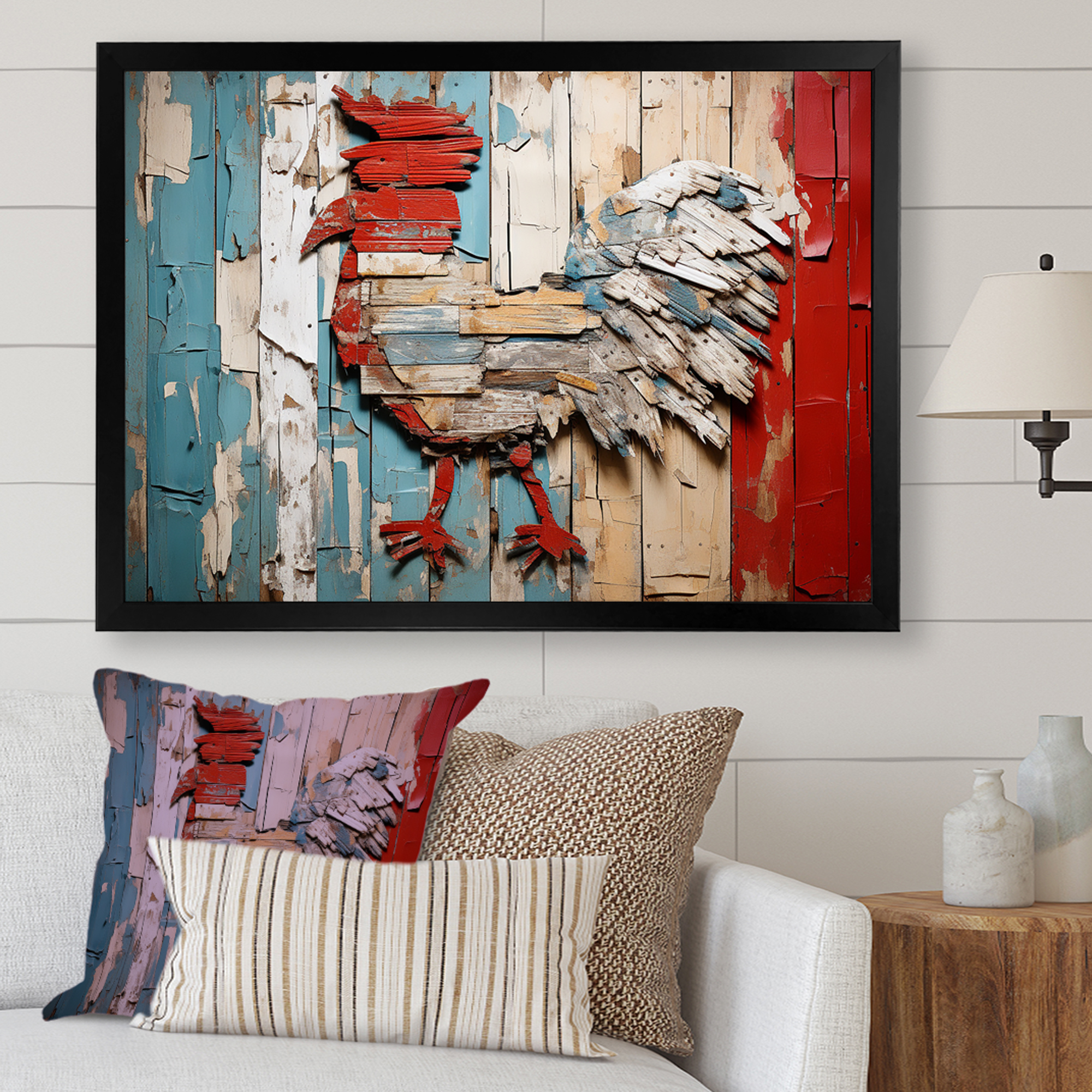 Designart "Wooden Rustic Rooster Peck I" Animals Framed Wall Art Decor ...