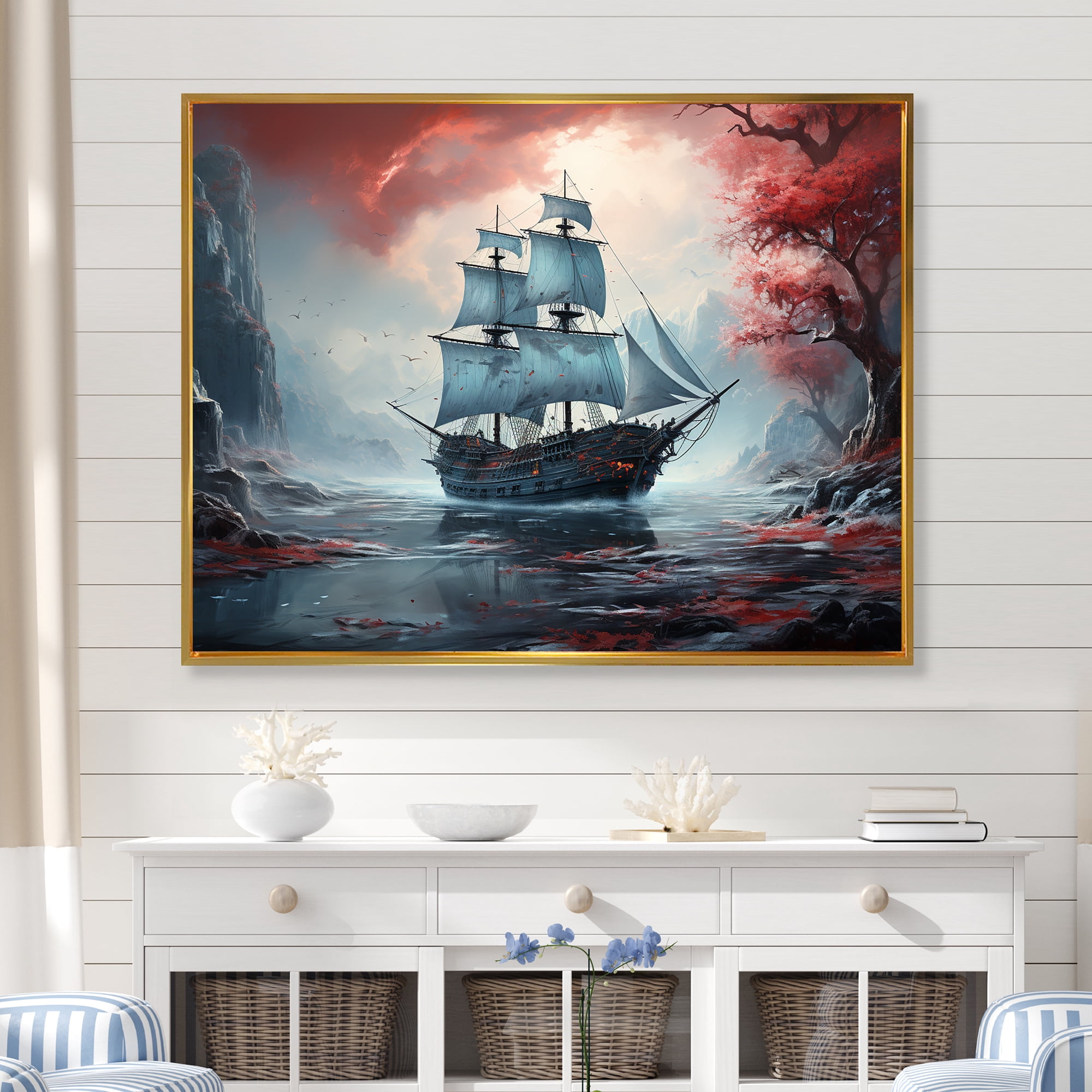 Designart "Wreck of the Pirate Ship I" People Framed Wall Art - Modern ...