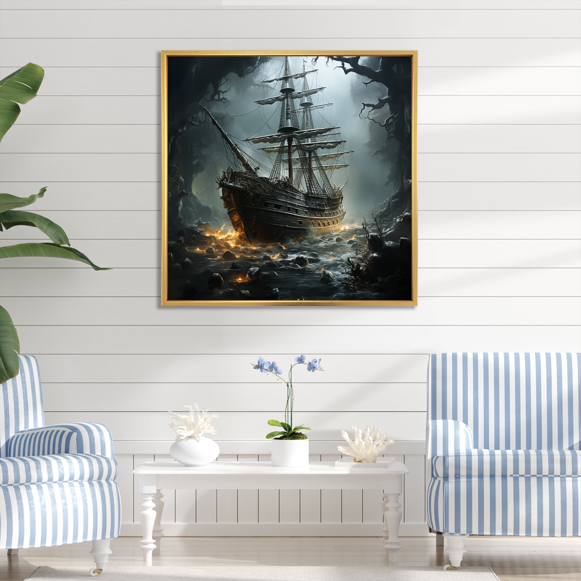 Designart "Wreck of the Pirate Ship II" People Framed Wall Art - Grey ...