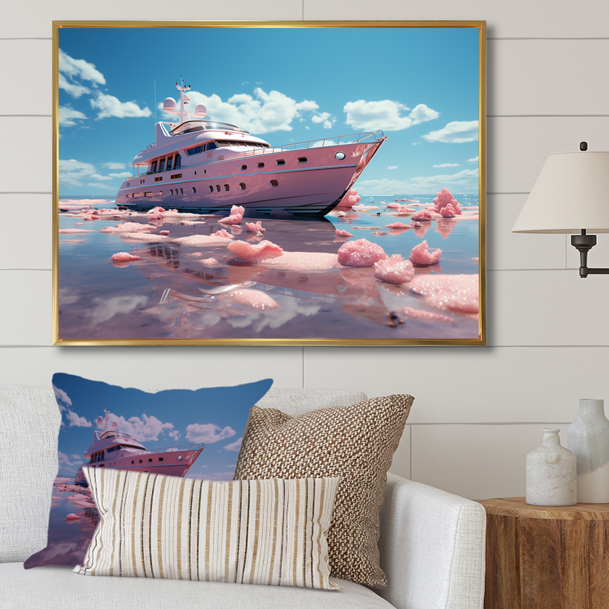Designart "Yacht Success Pink Voyage" Transportation Framed Wall Art ...