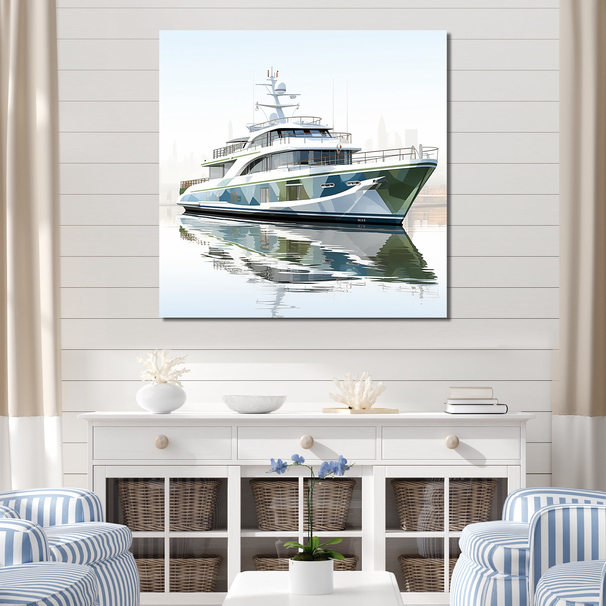 Designart "Yacht in Miami Art Nouveau" Coastal Wall Art - Coastal White ...