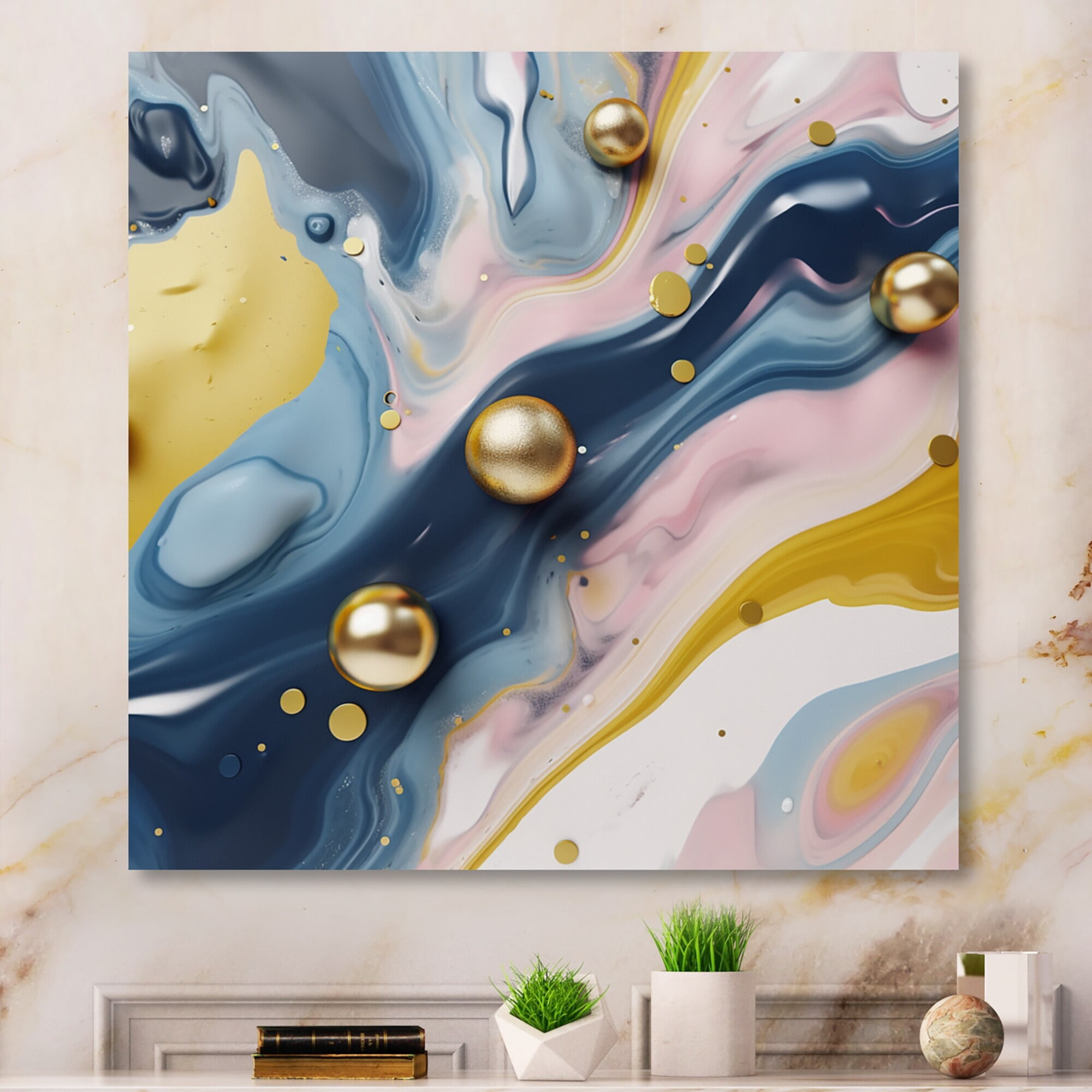 Designart "Yellow And Blue Fluid Stone IV" Abstract Marble Wall Decor ...