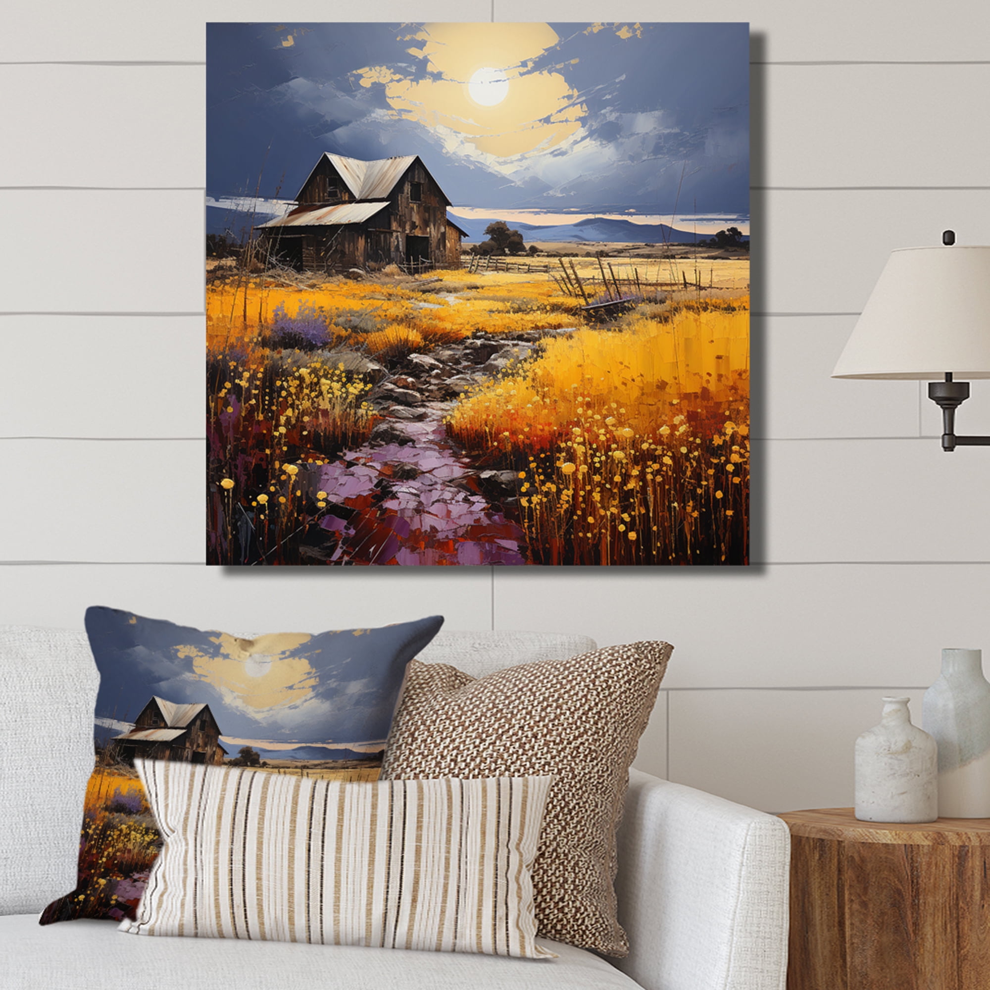 Designart "Yellow Barn Minimalsim horizon I" Countryside Wall Decor ...