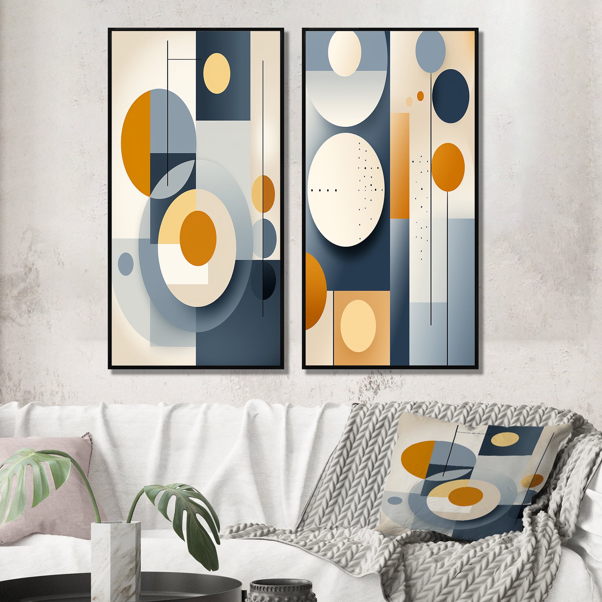 Designart "Yellow Blue Circulars Graphic Geometry III" Modern Midcentury Framed Wall Art Set Of ...