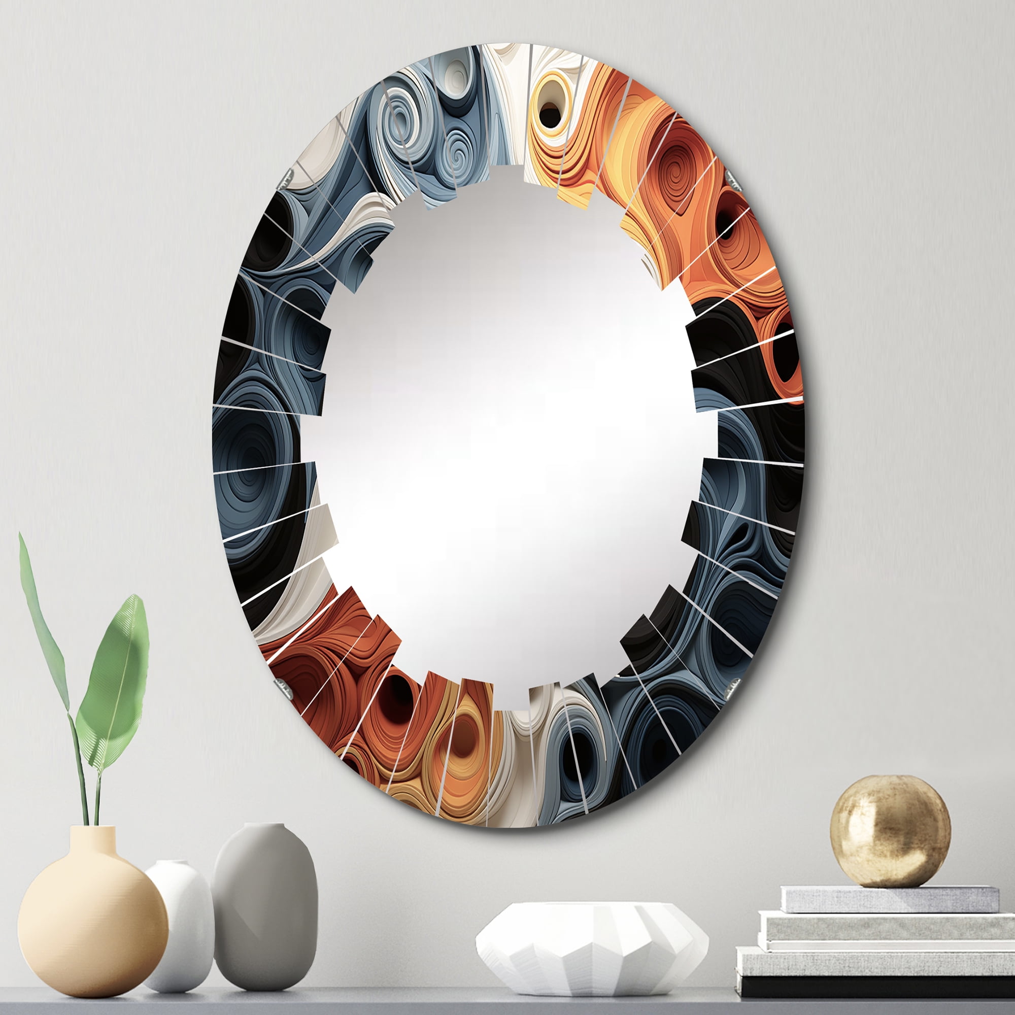 Designart "Yellow Blue Optical Euphony" Modern Round Wall Mirror ...