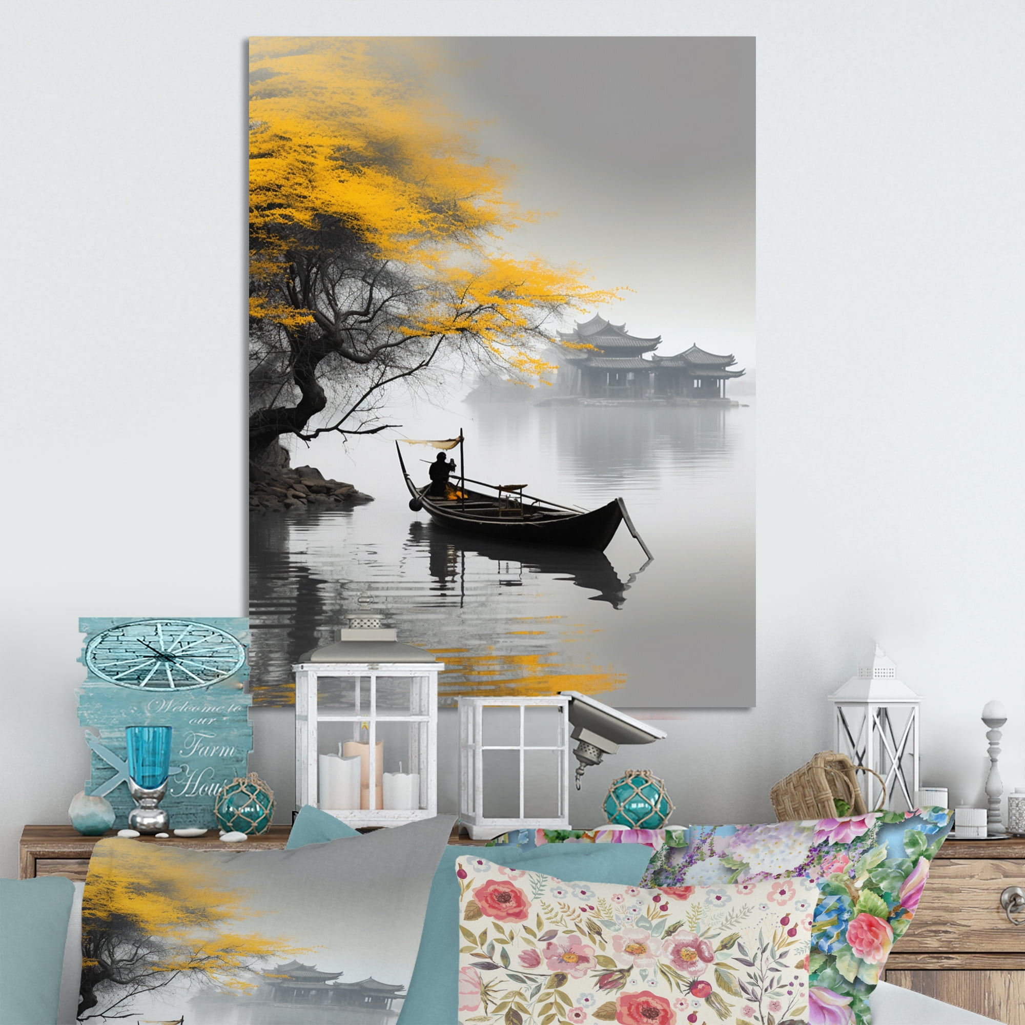 Designart "Yellow Boat Asian beauty" Asian Metal Art Living Room ...