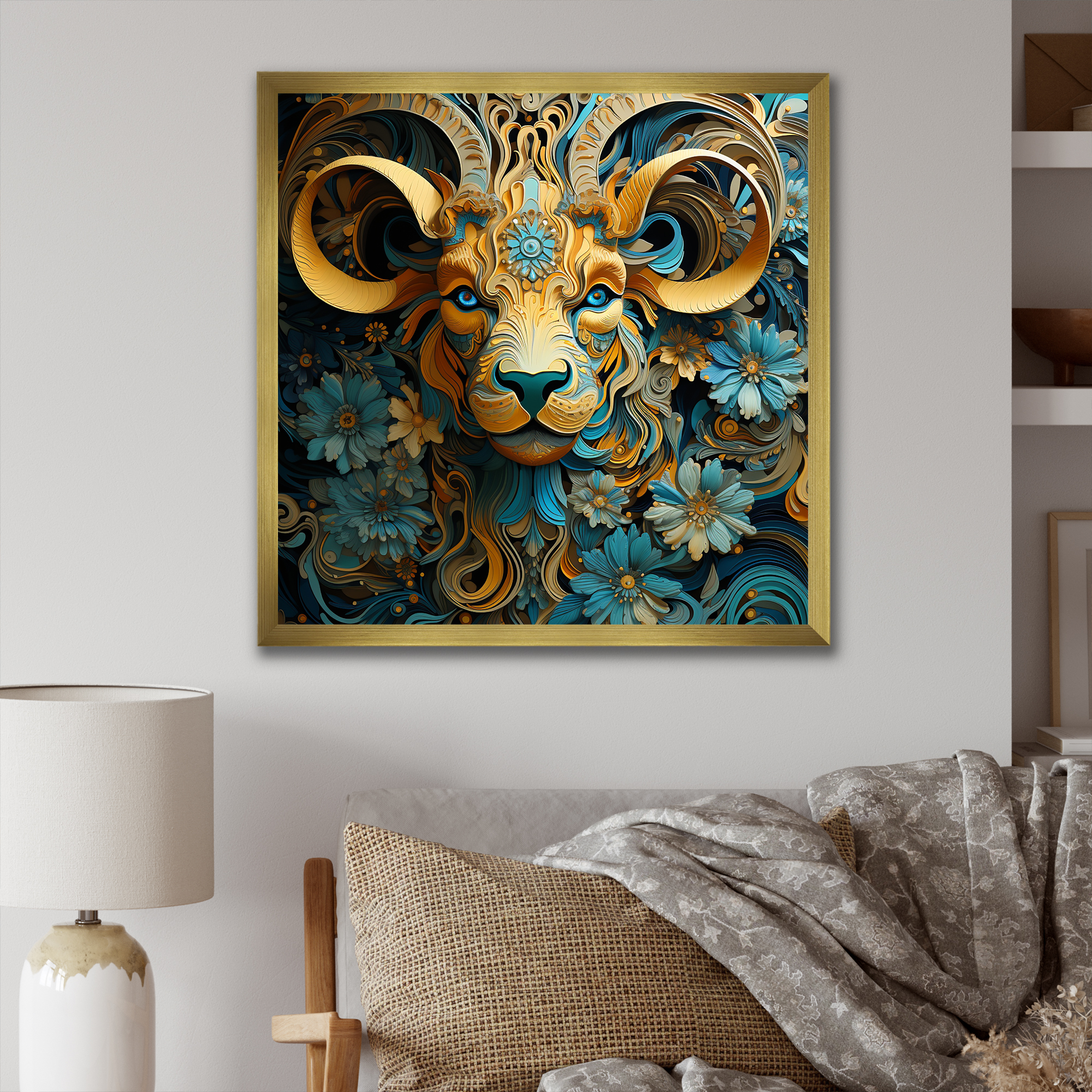 Designart "Yellow Capricorn Goat with Blooms" Animals Framed Wall Art ...