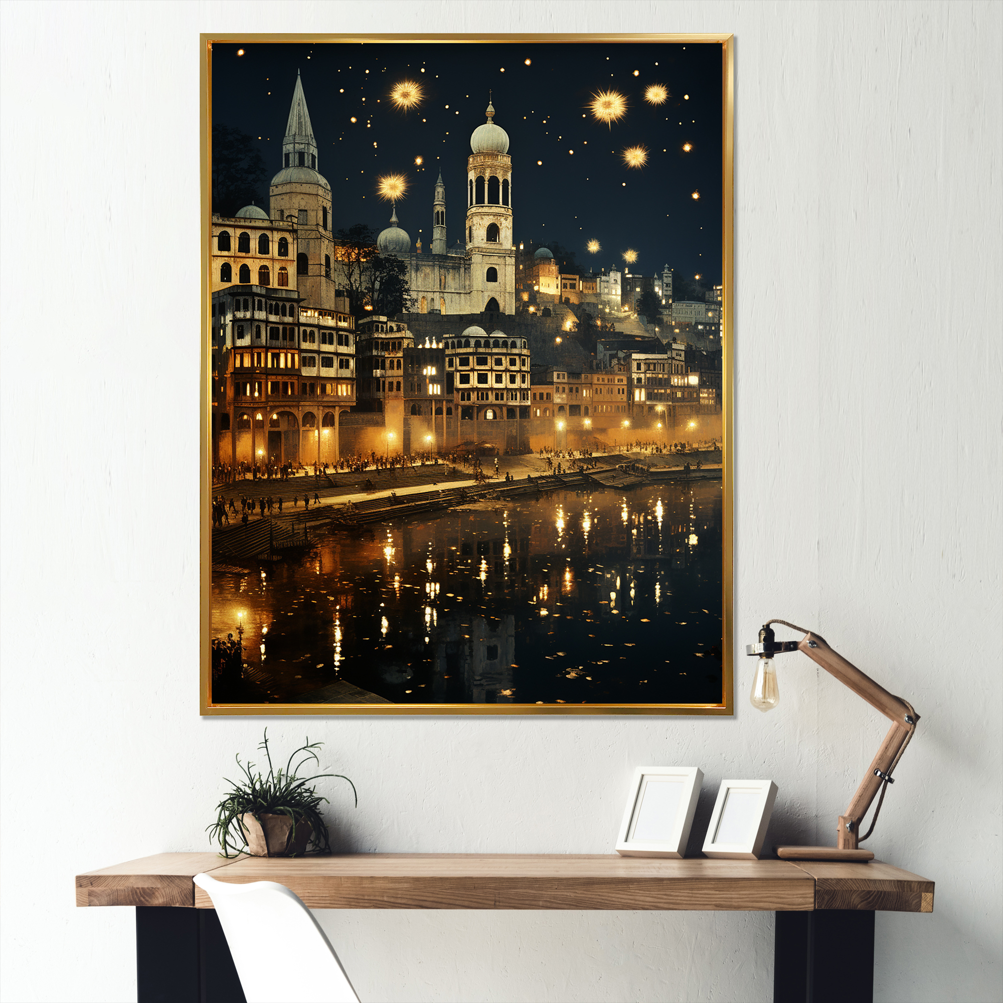 Designart "Yellow Varanasi Ghats in Indian Art" People Framed Wall Art ...