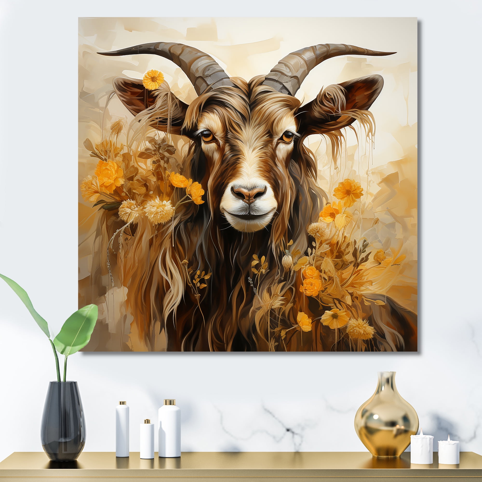 Designart "Yellow and Brown Floral Meadow Goat" Animals Wall Art ...