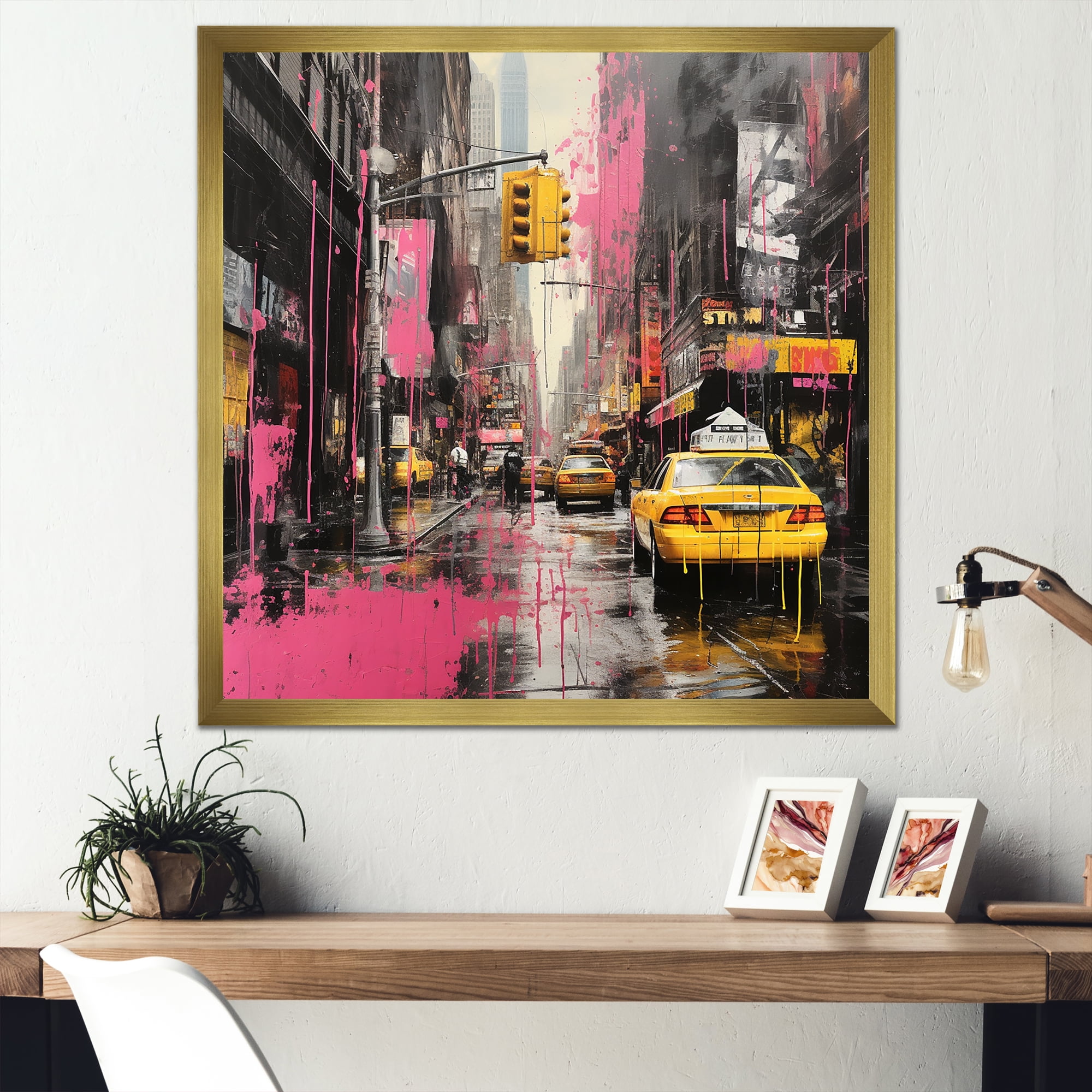 Designart "Yellow and Pink Pittsburgh Cityscape II" Cityscapes Framed Wall Art Decor ...