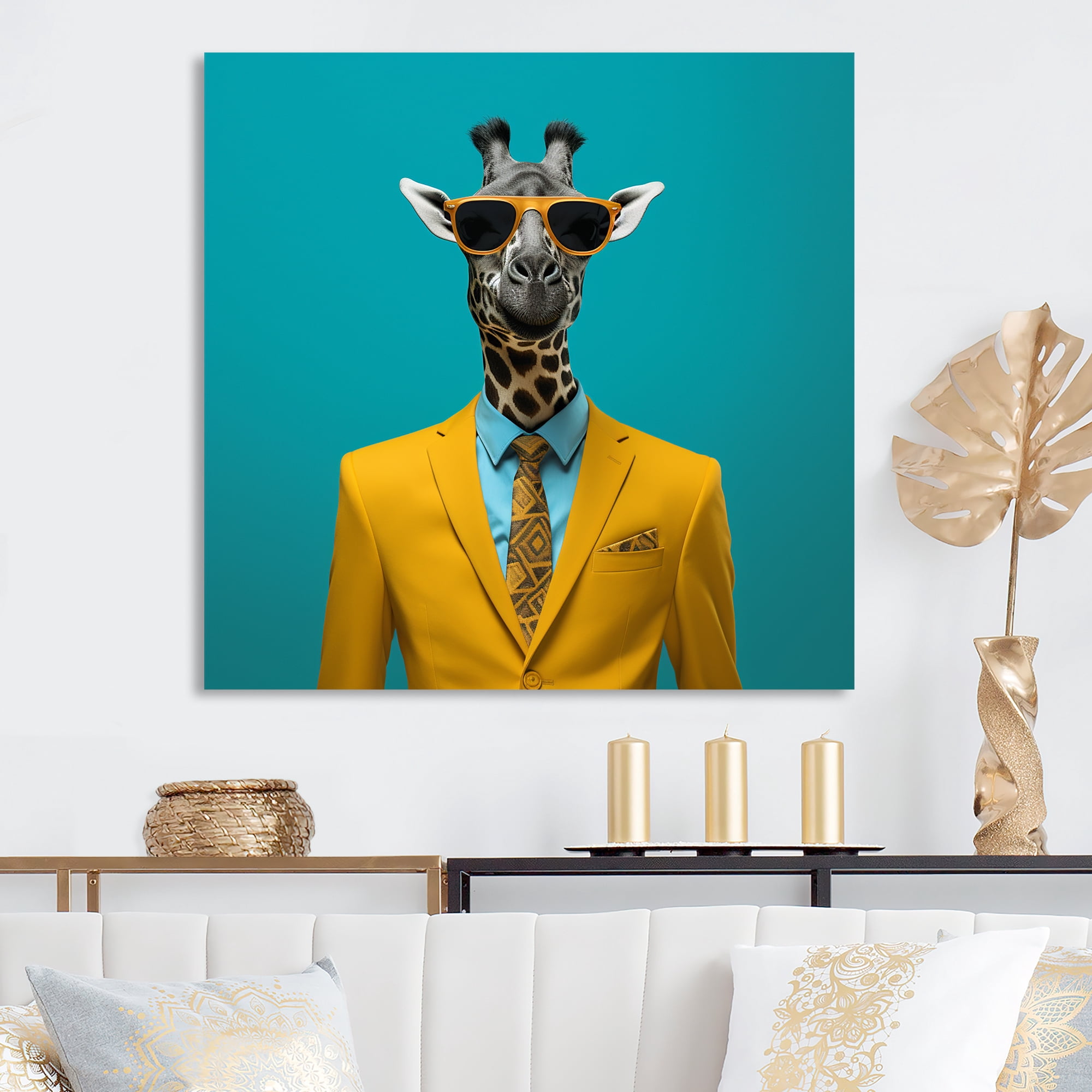 Designart "Yellow suited up giraffe I In Yellow and Blue"Giraffe Animal ...