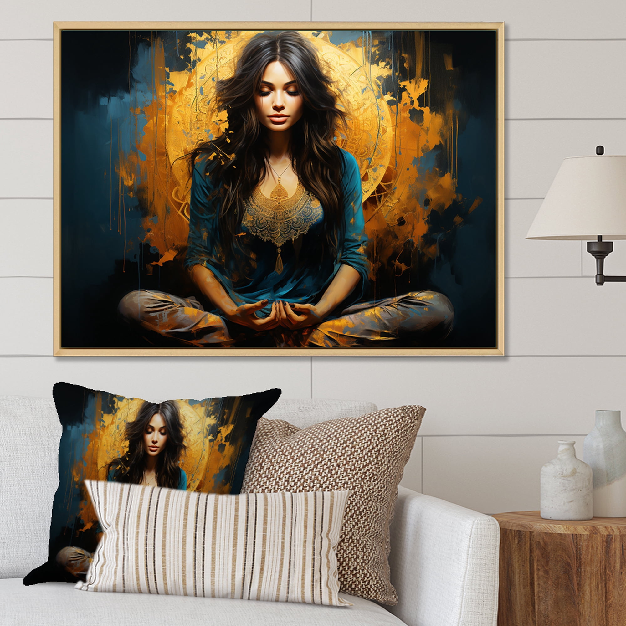 Designart "Yoga Bliss in Yellow and Green I" Spiritual Framed Wall Art ...