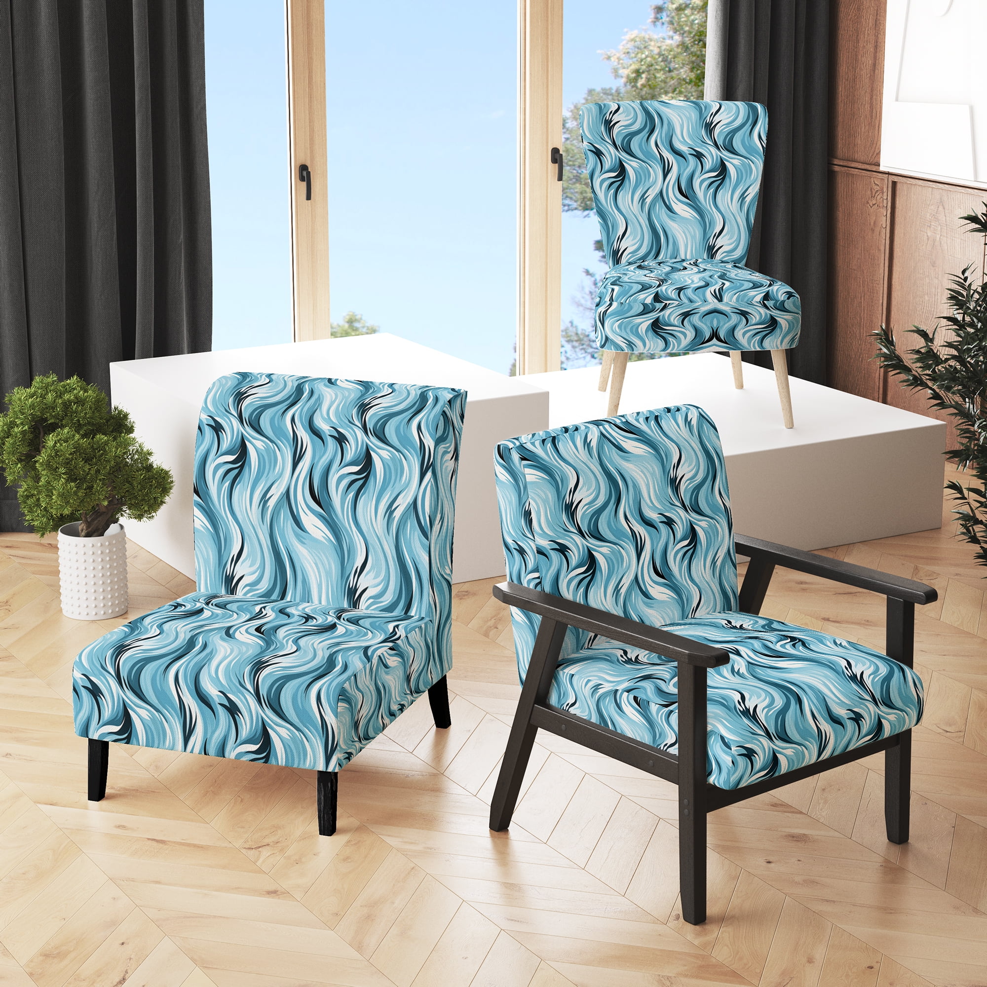 Designart "Zebra Rhythms In Blue" White Zebra Upholstered Accent Chair ...