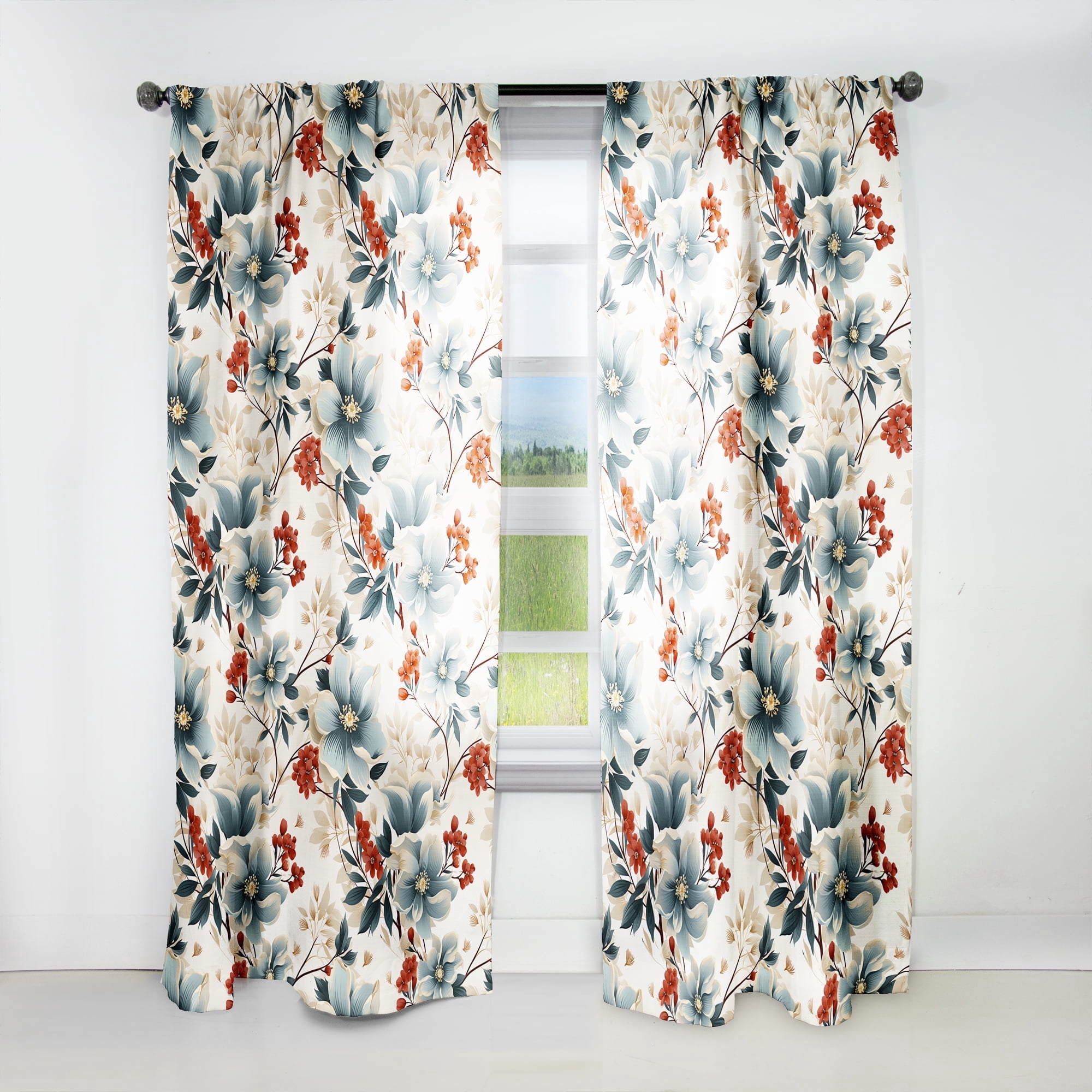 Designart "Zen Harmony In Red And White" Floral Room Darkening Curtain ...
