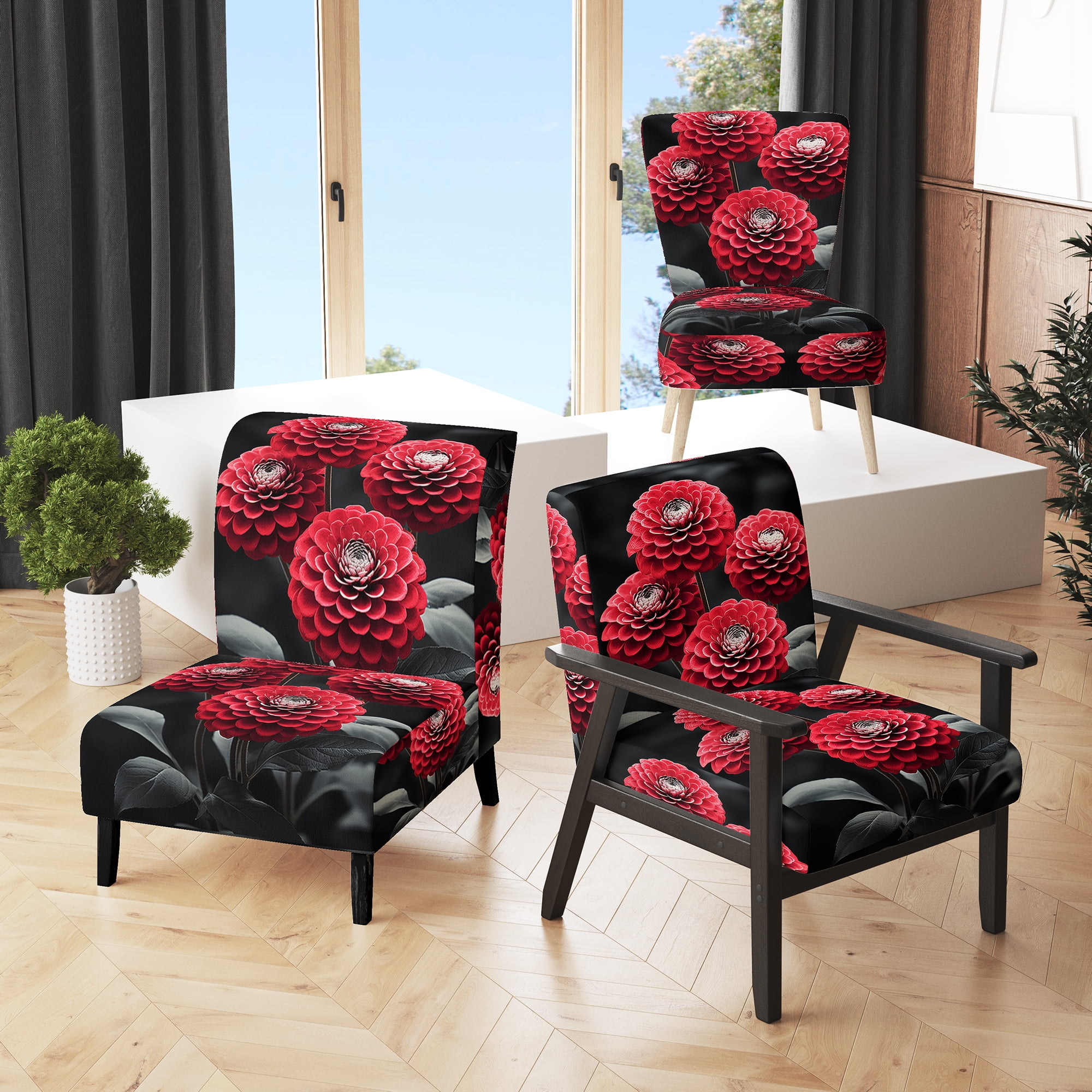 Designart "Zestful Red and Grey Zinnias I" Red Zinnia Upholstered Accent Chair - Traditional Arm ...