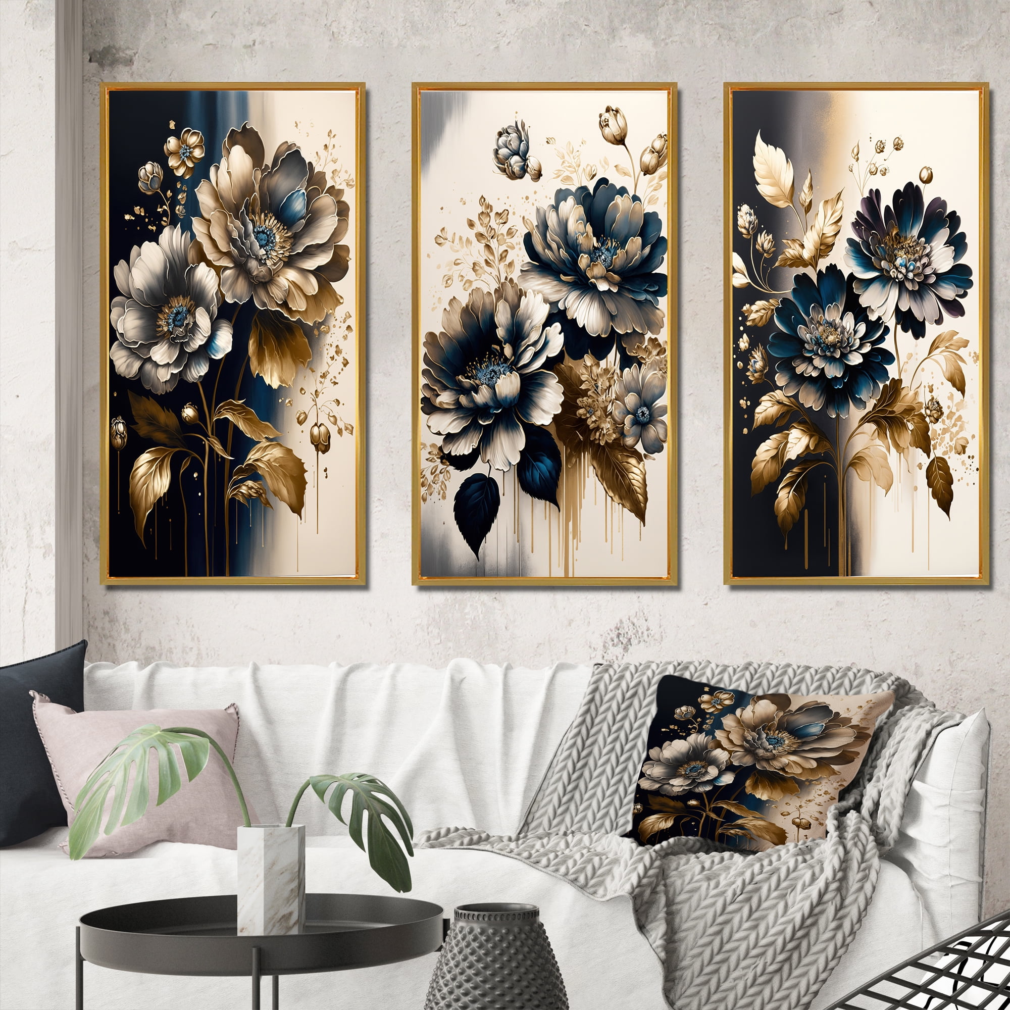 Designart "Zesty Blue and Gold Zinnias I" Floral & Botanical Framed ...