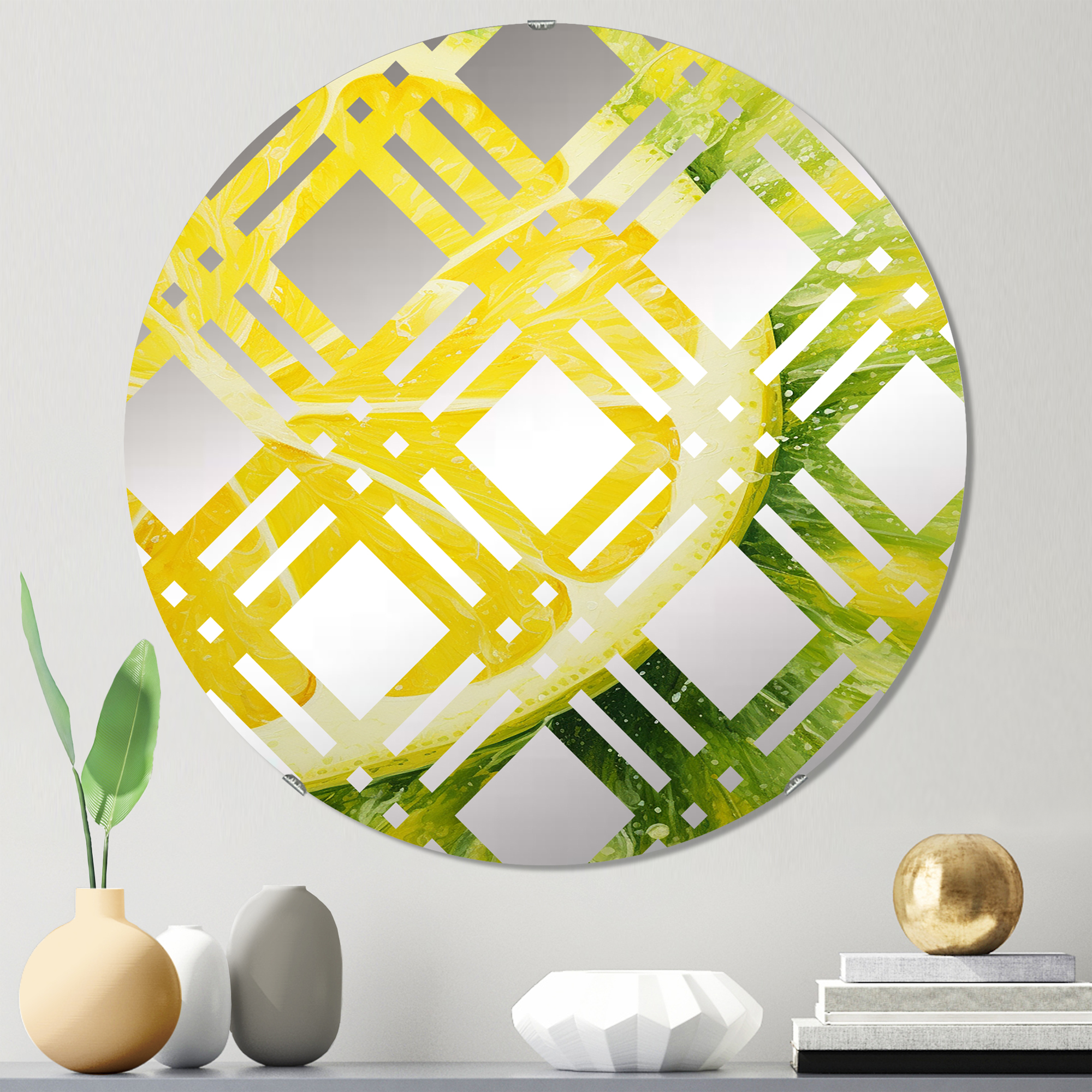 Designart "Zesty Lemon Zenith I" Fruits Plaid Round Wall Mirror - Food ...