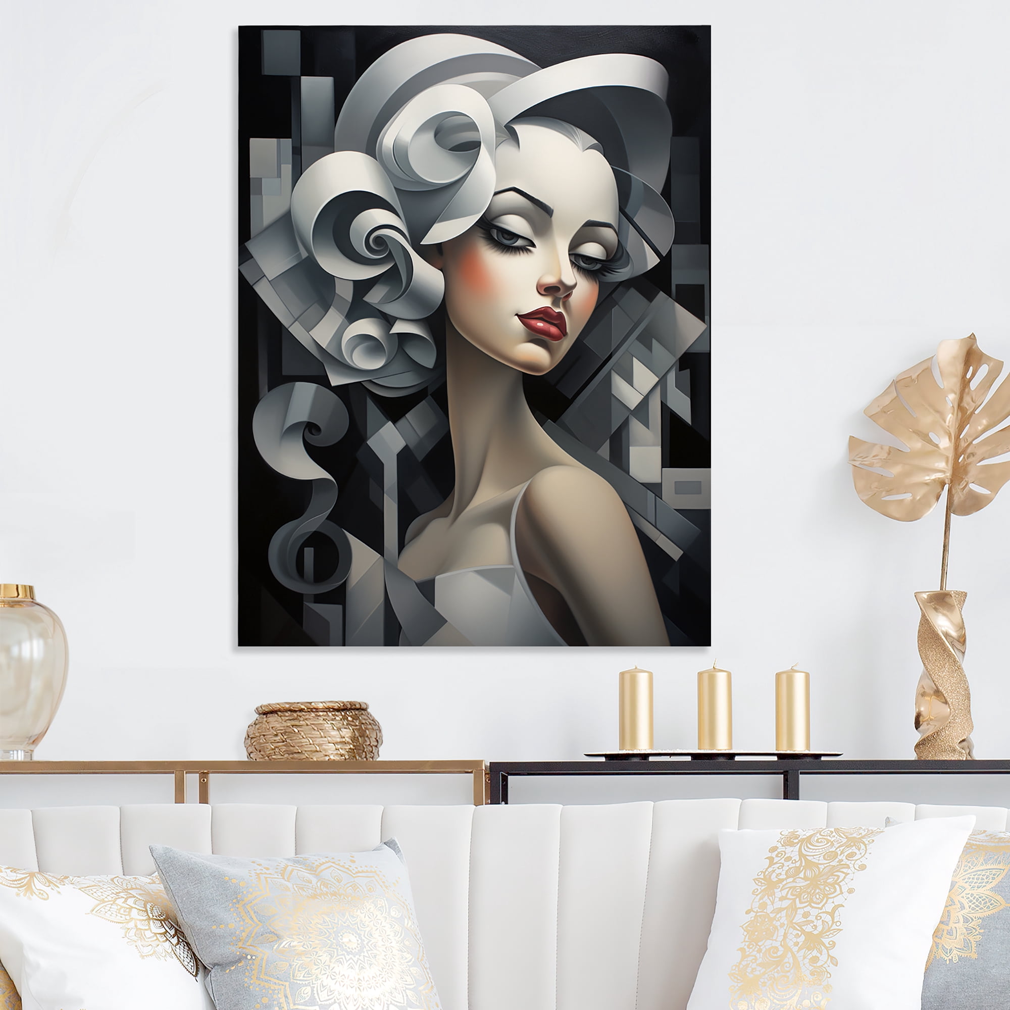 Designart "Black and White Cubist Woman Portrait VI" Woman Metal Wall ...