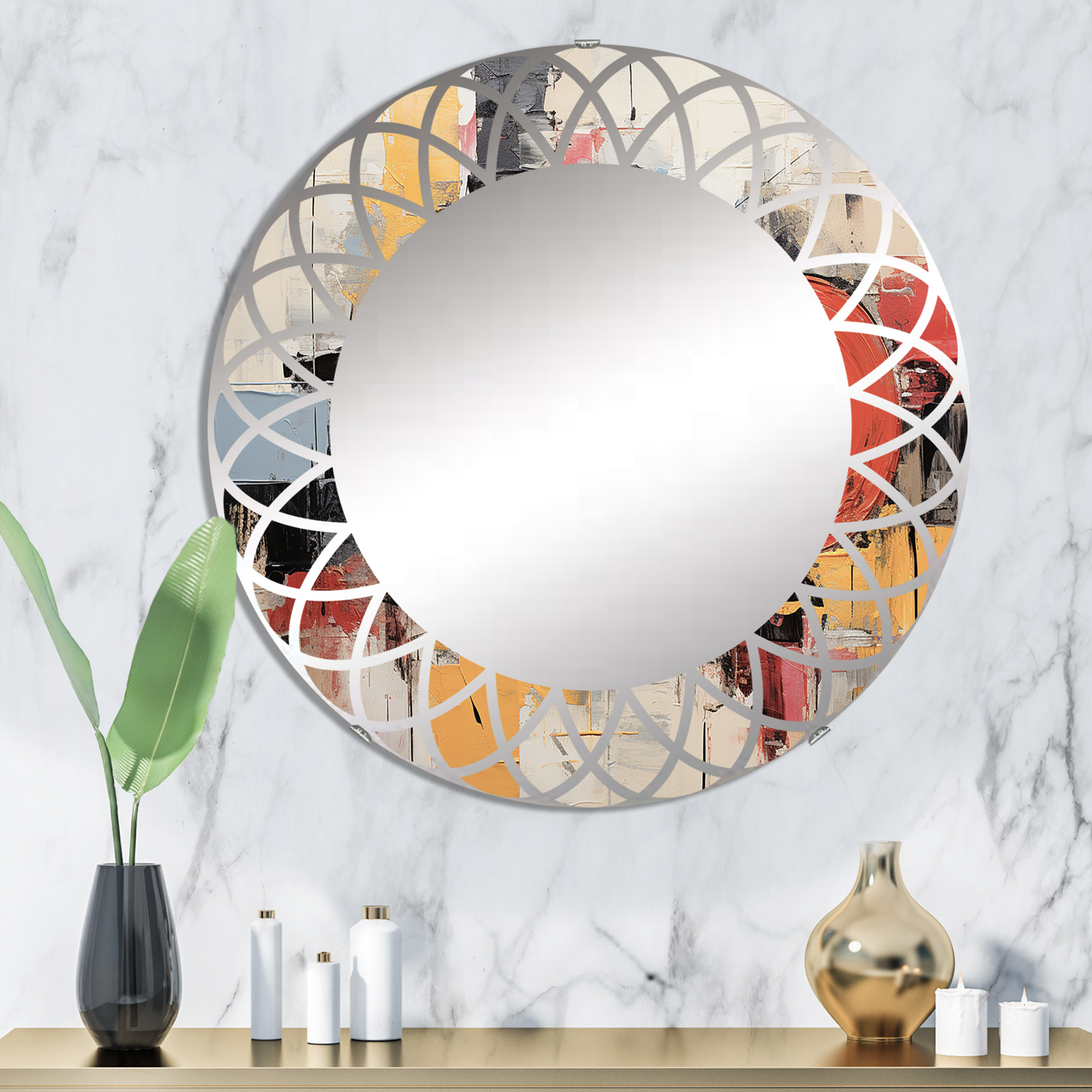 Designart "composition Rhythm" Abstract Collages Round Wall Mirror ...