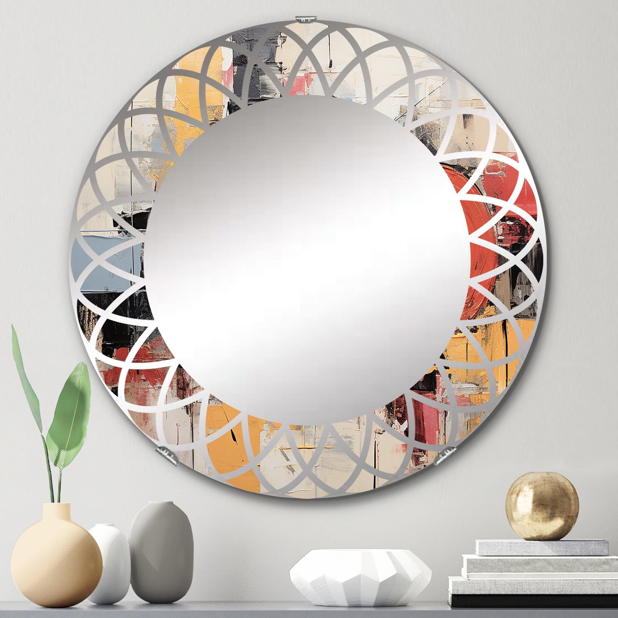 Designart "composition Rhythm" Abstract Collages Round Wall Mirror ...