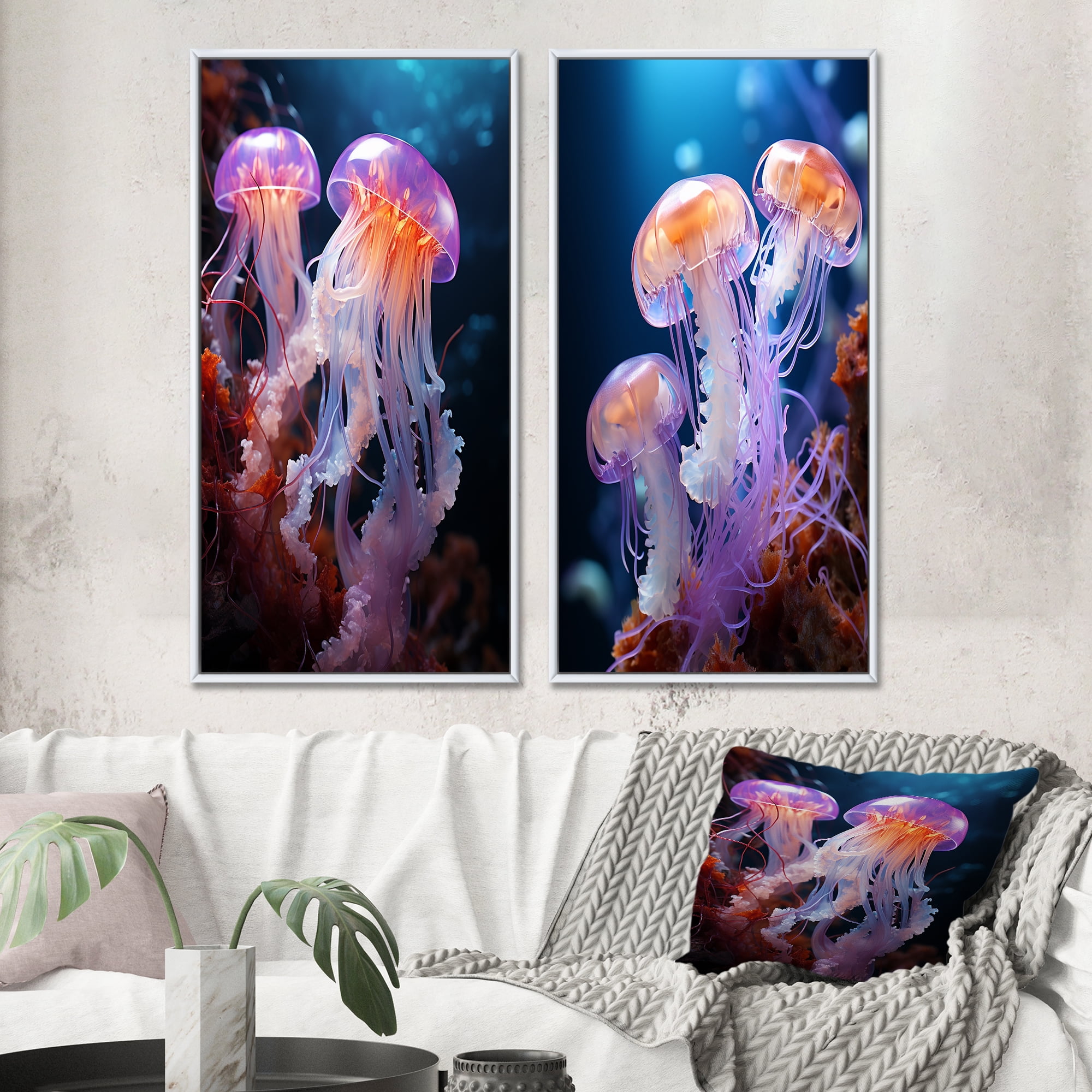 Designart "delicate Beauty Jellyfish II" Jellyfish Framed Wall Art Set ...