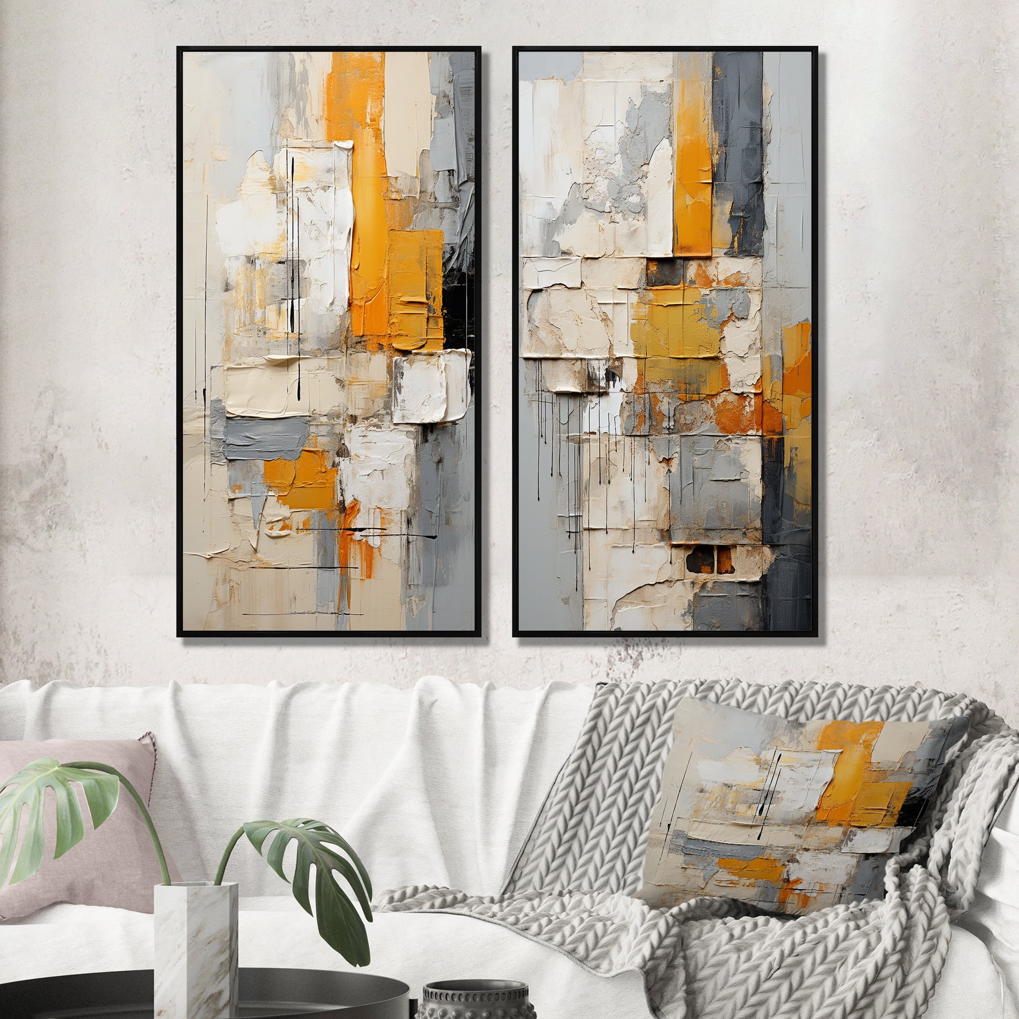 Designart "modern Assemblage III" Abstract Collages Framed Wall Art Set Of 2 - Yellow Abstract ...