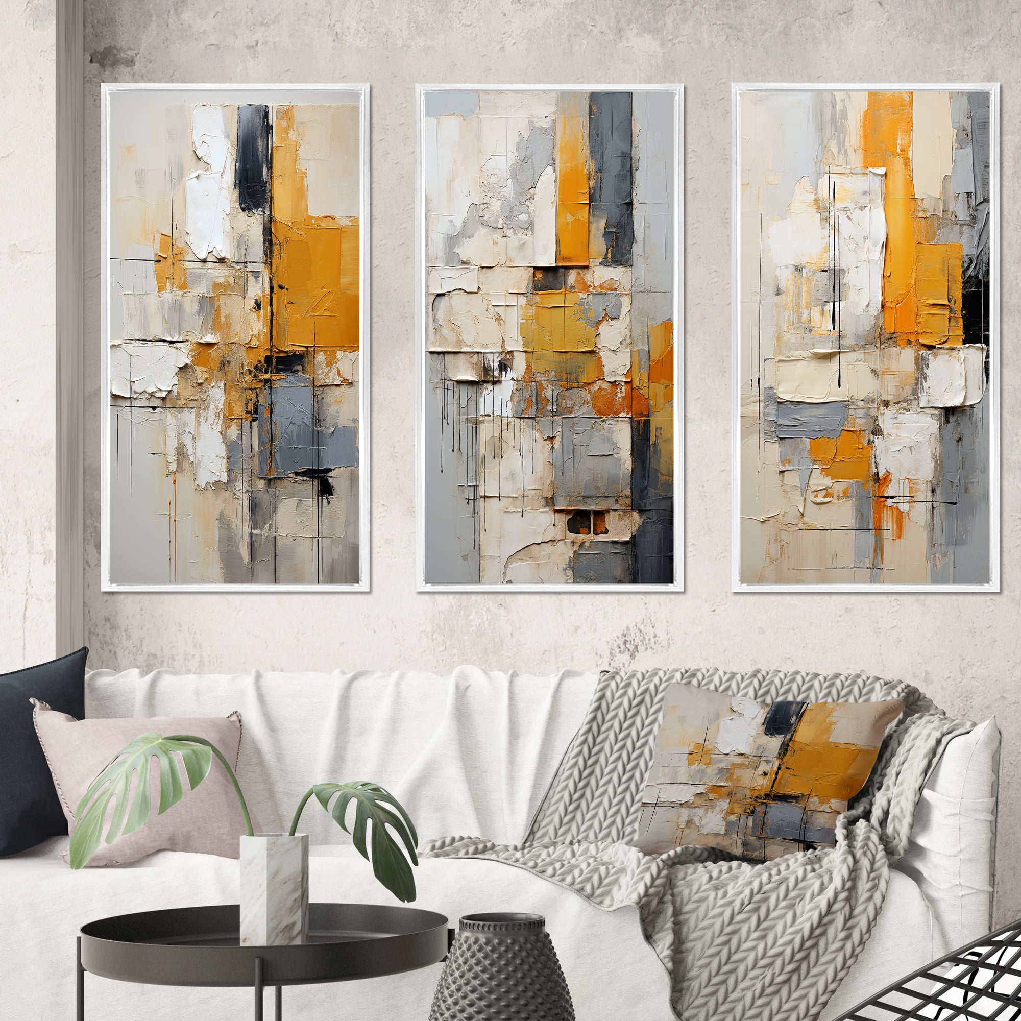 Designart "modern Assemblage IV" Abstract Framed Wall Art Set Of 3 - Yellow Collages Frame ...