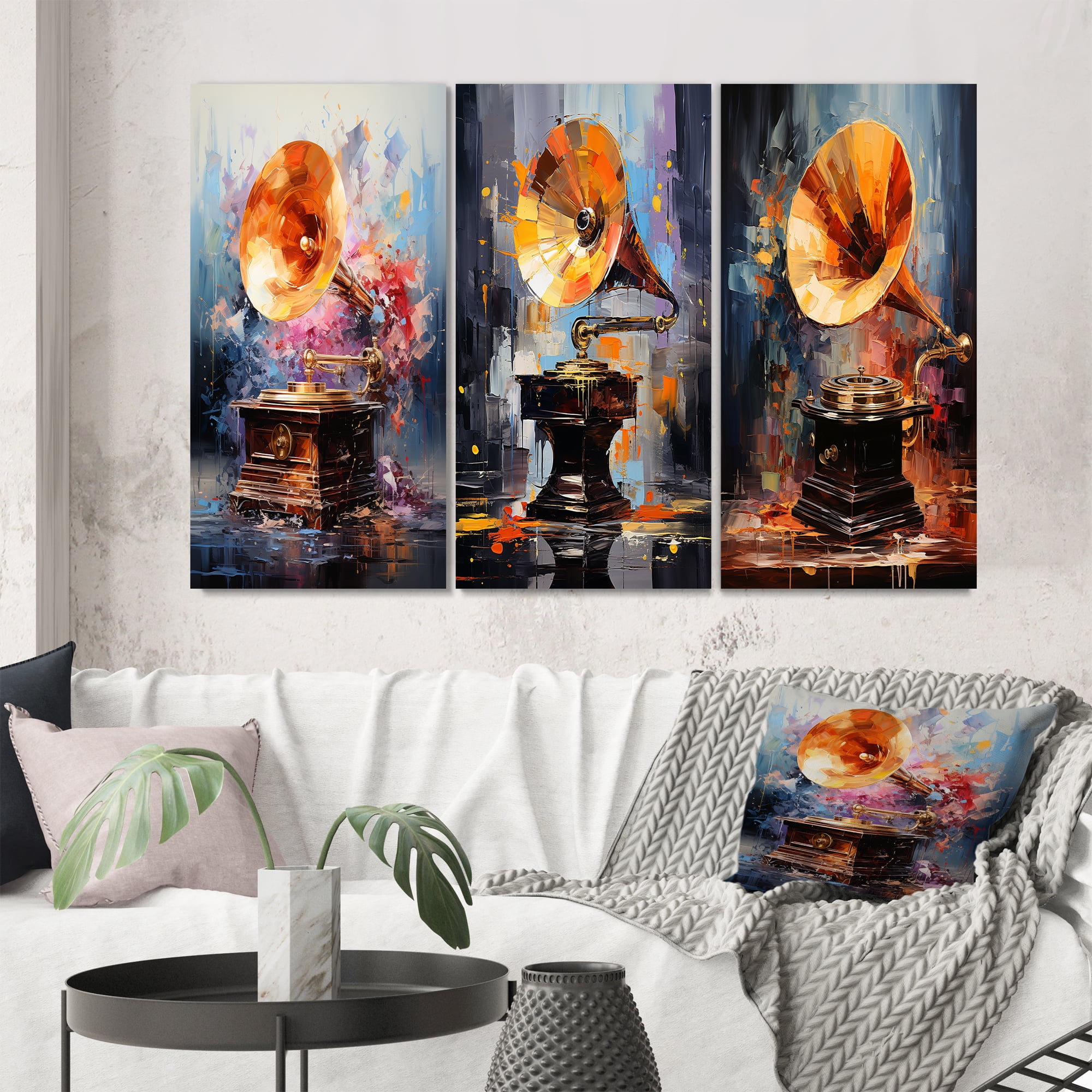 Designart "modern Phonograph Fusion I" Entertainment Wall Art Set Of 3 ...