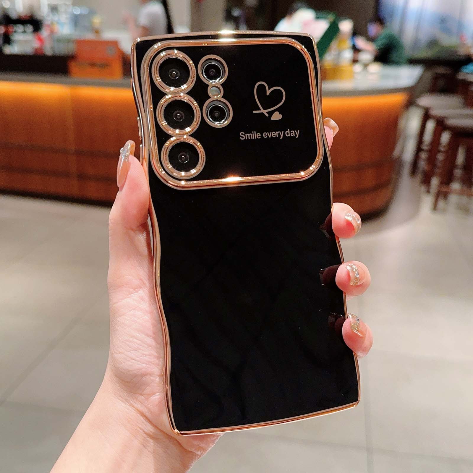 Designed For Samsung Galaxy S22 Ultra Phone Case,Cute Curly Wave Frame with Luxury Plating Love ...