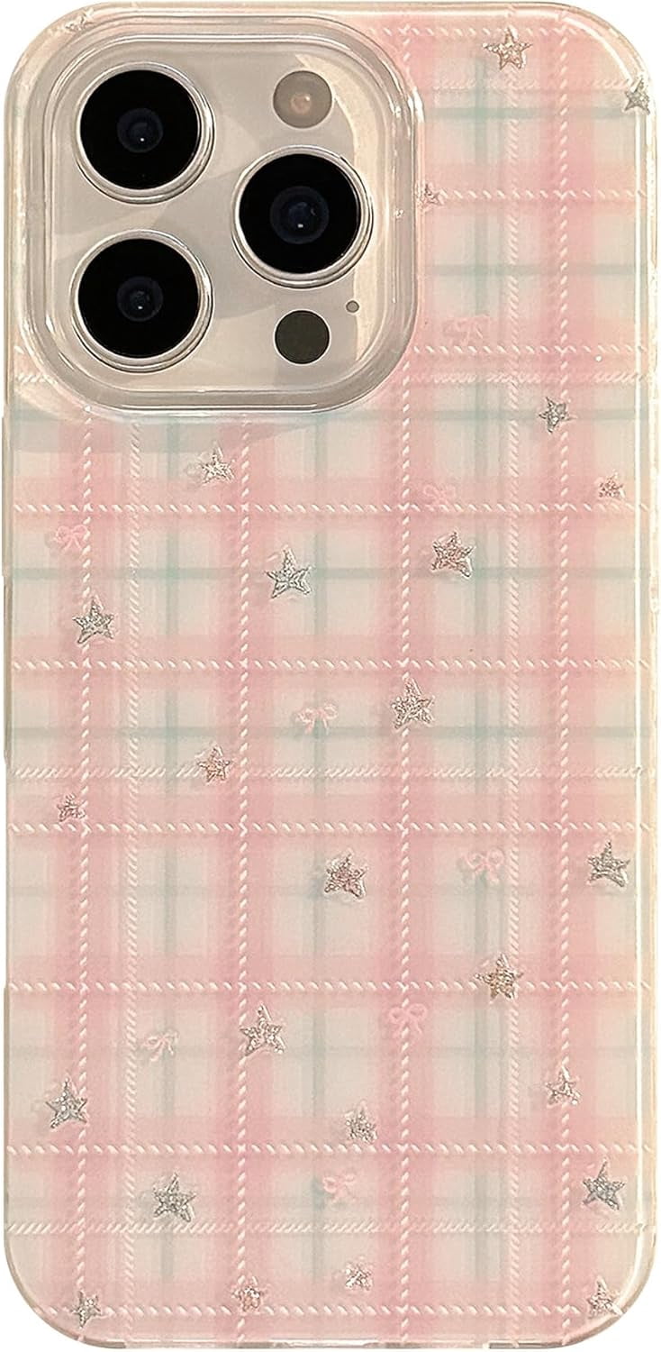Designed for iPhone Case, Frosted Sweet Pink Checkered Star Phone Case ...