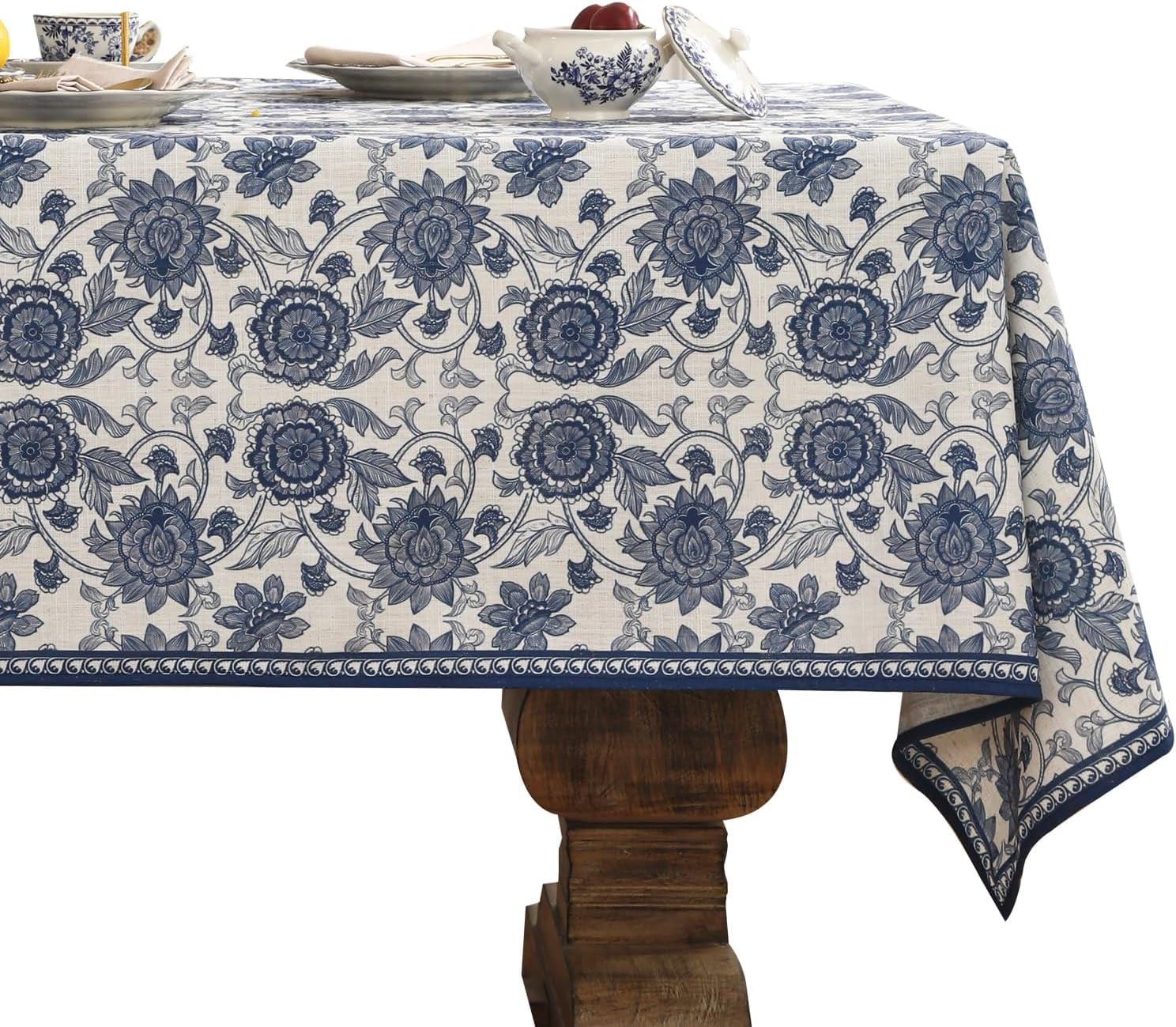 Designer Blue Tablecloth for Rectangle Tables,Vintage Elegant Linen ...