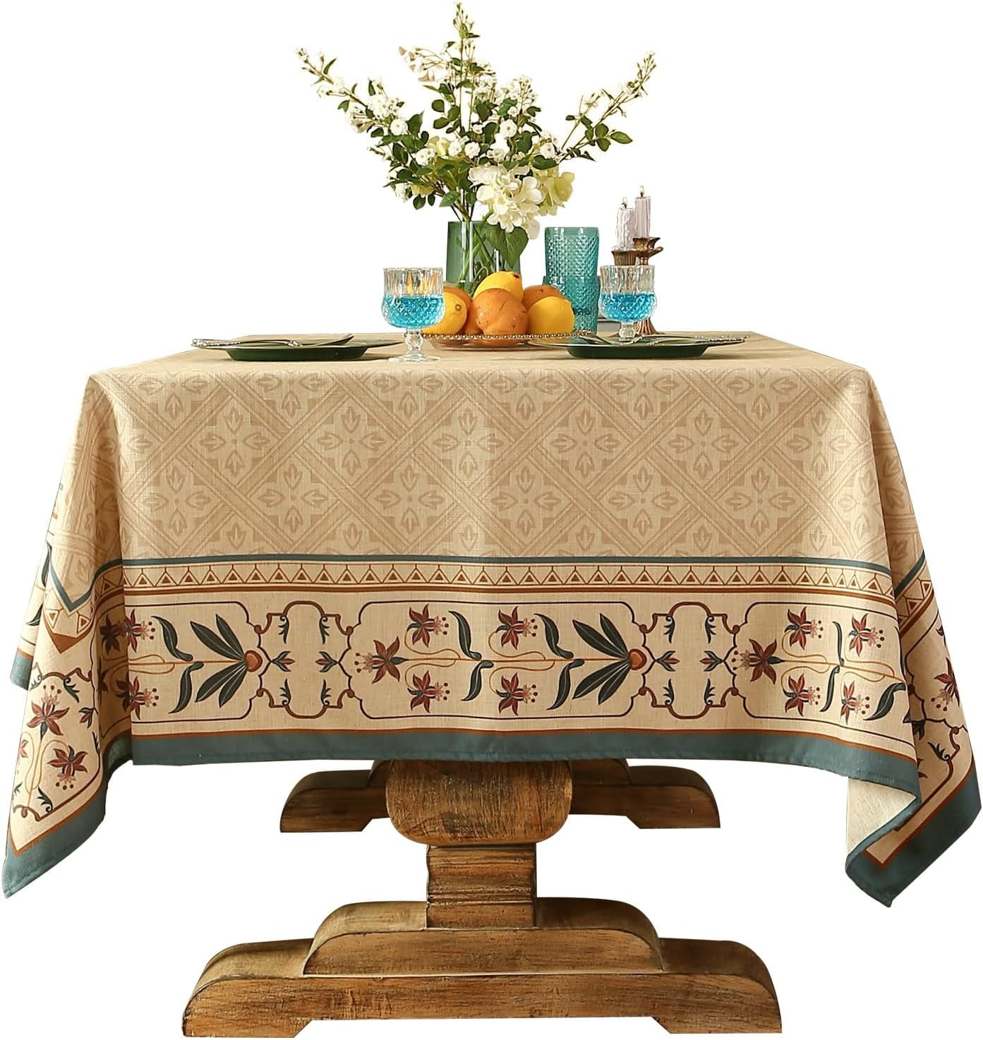 Designer Blue Tablecloth for Rectangle Tables,Vintage Linen with Leaves ...