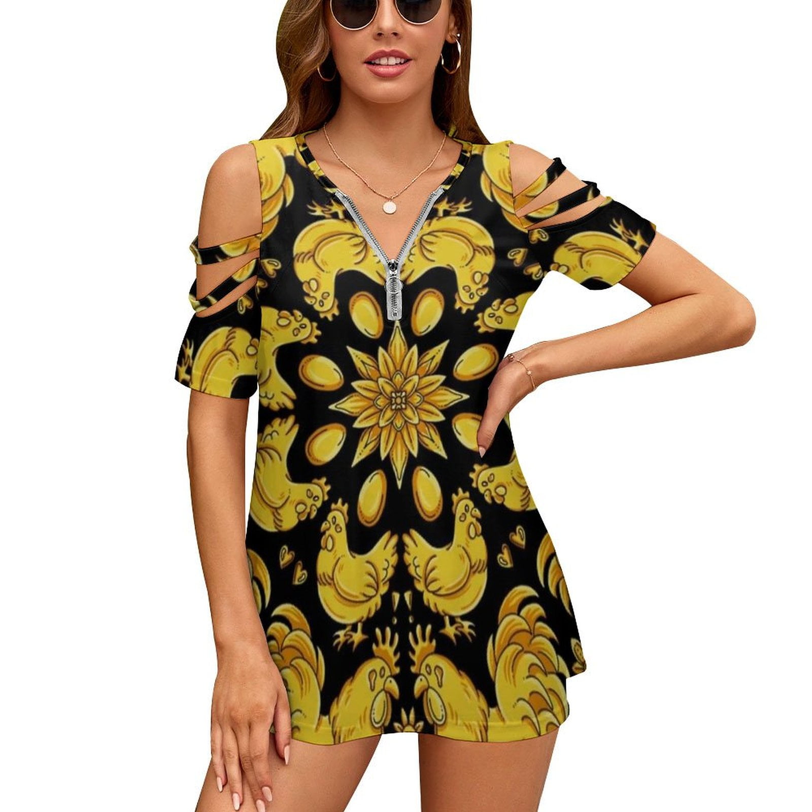 Designer Chicken-Black New Fashion Zip Off Shoulder Top Short-Sleeve ...