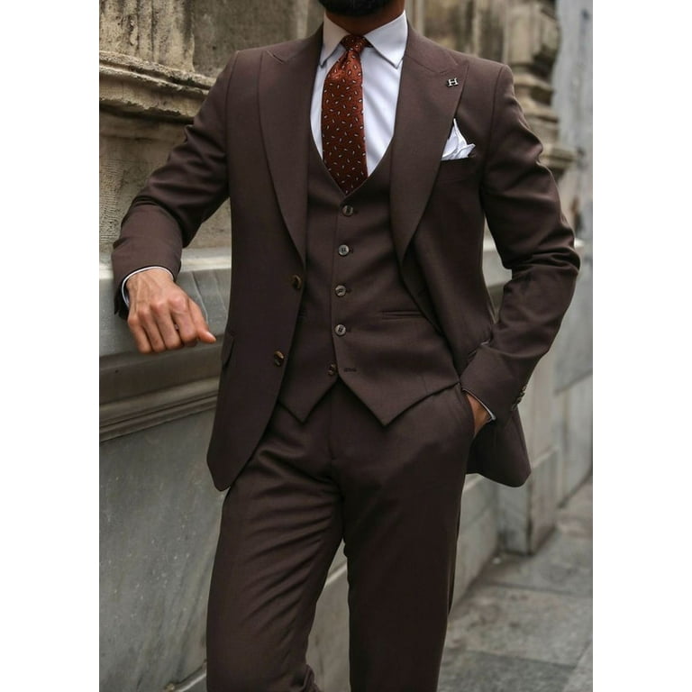 Designer Dark Brown party wear coat pant wedding formal 3pc suit for men Walmart