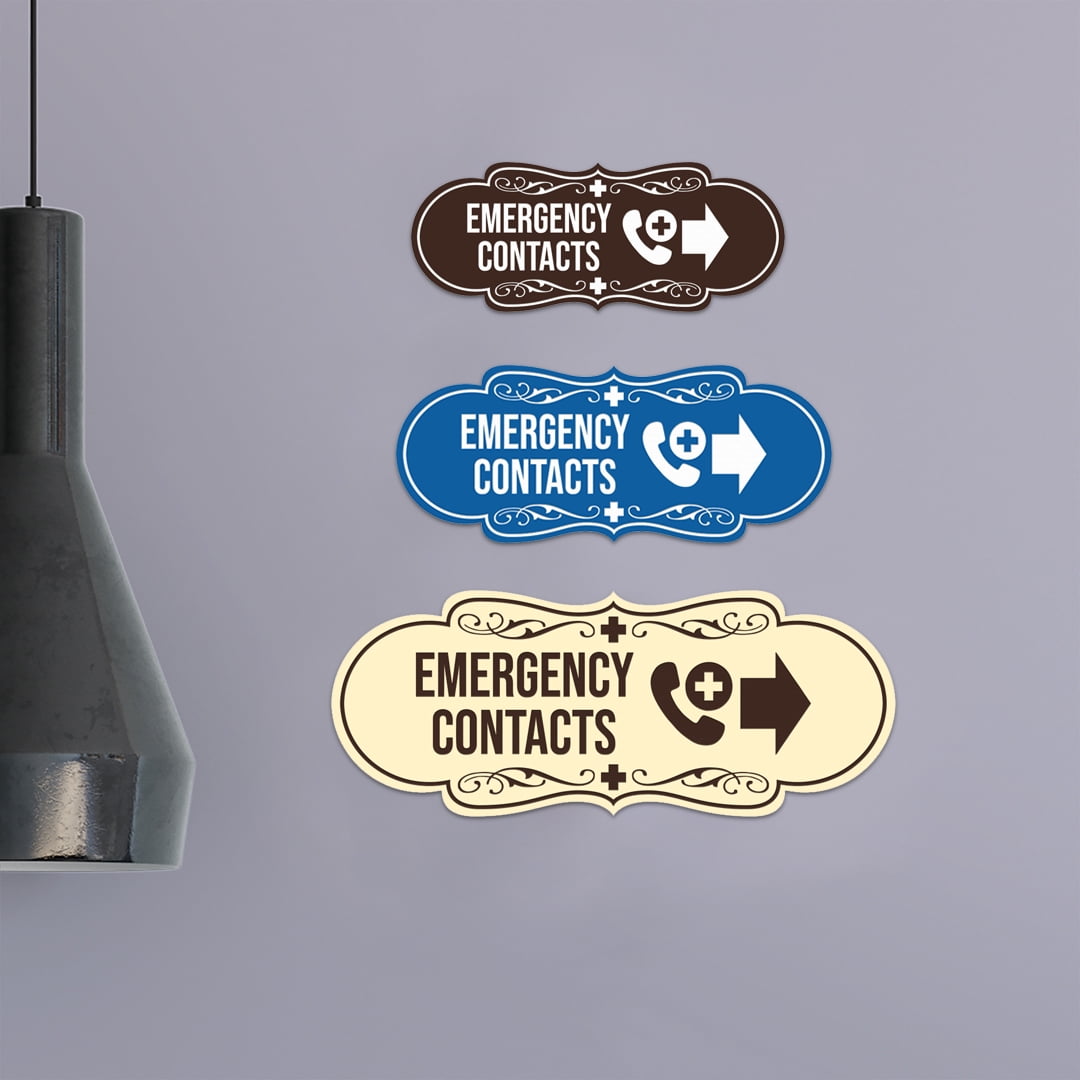 Designer Emergency Contacts (Right Arrow) Sign (Brushed Silver) - Large ...